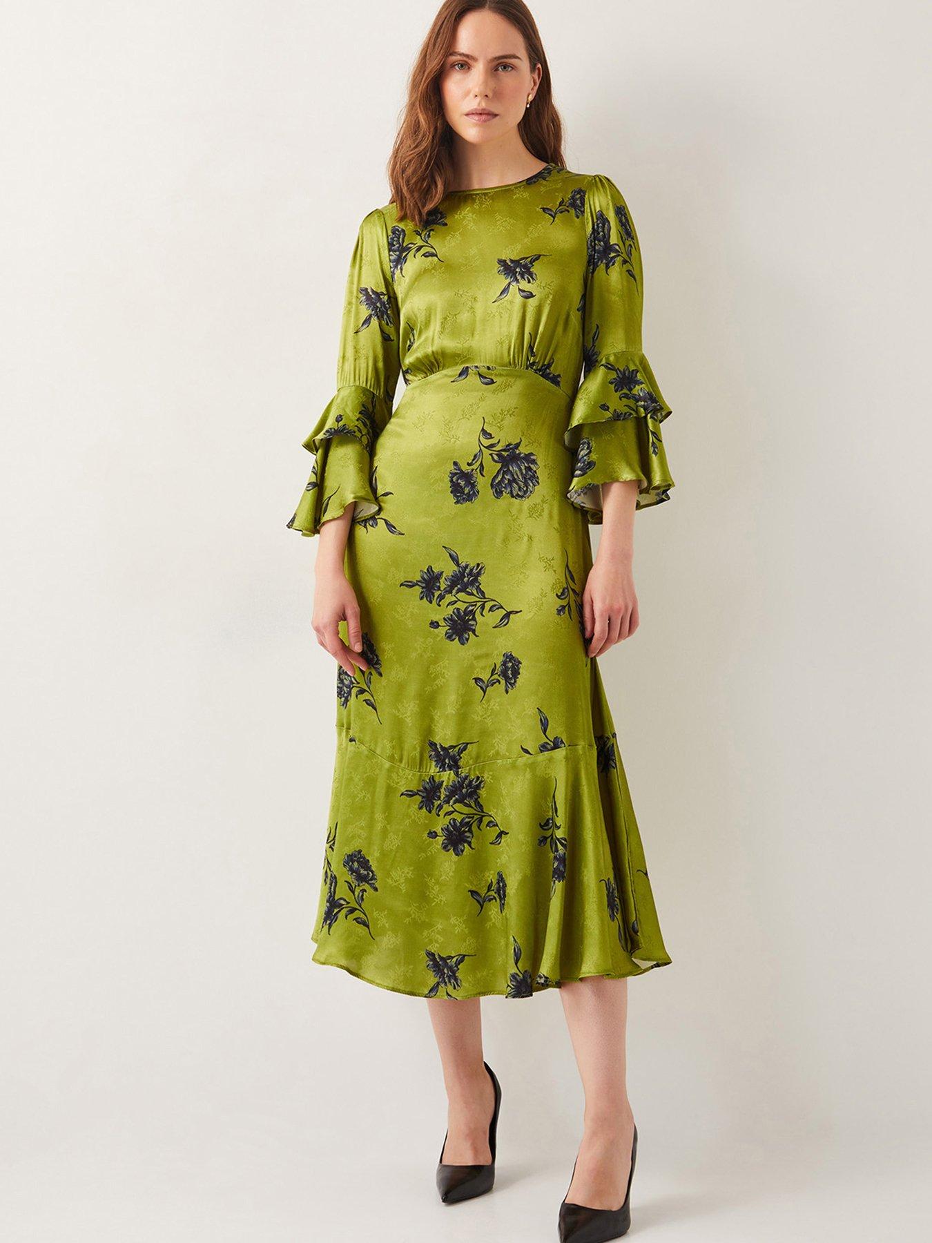 Monsoon Pelia Satin Dress - Green | Very