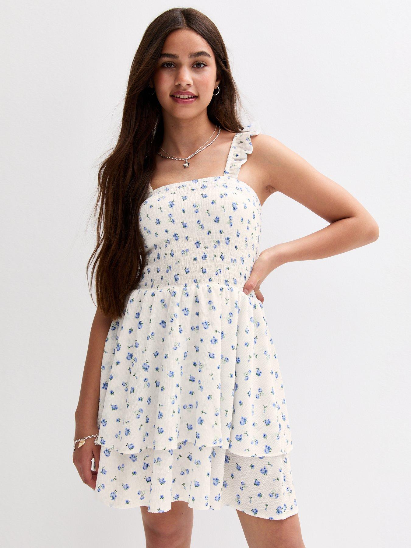 New Look 915 Girls Floral Print Textured Dress - White | Very