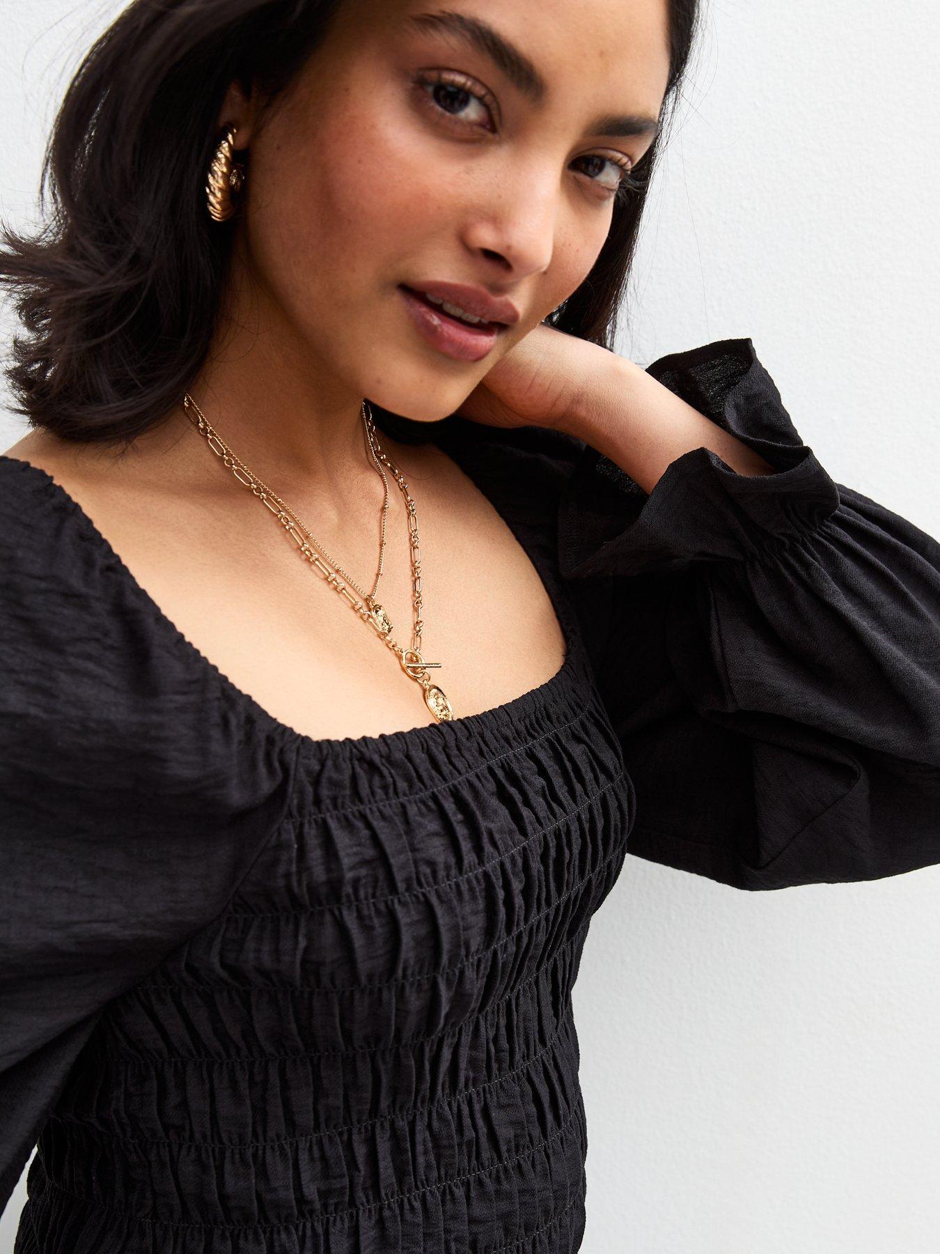 New Look Shirred Long Sleeve Milkmaid Top - Black | Very