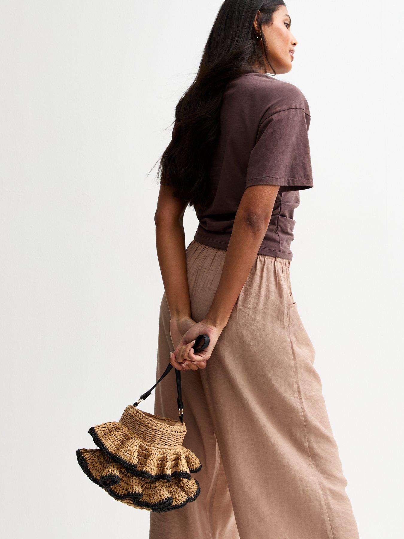 New Look Reba Ruffle Raffia Bucket Bag - Stone | Very