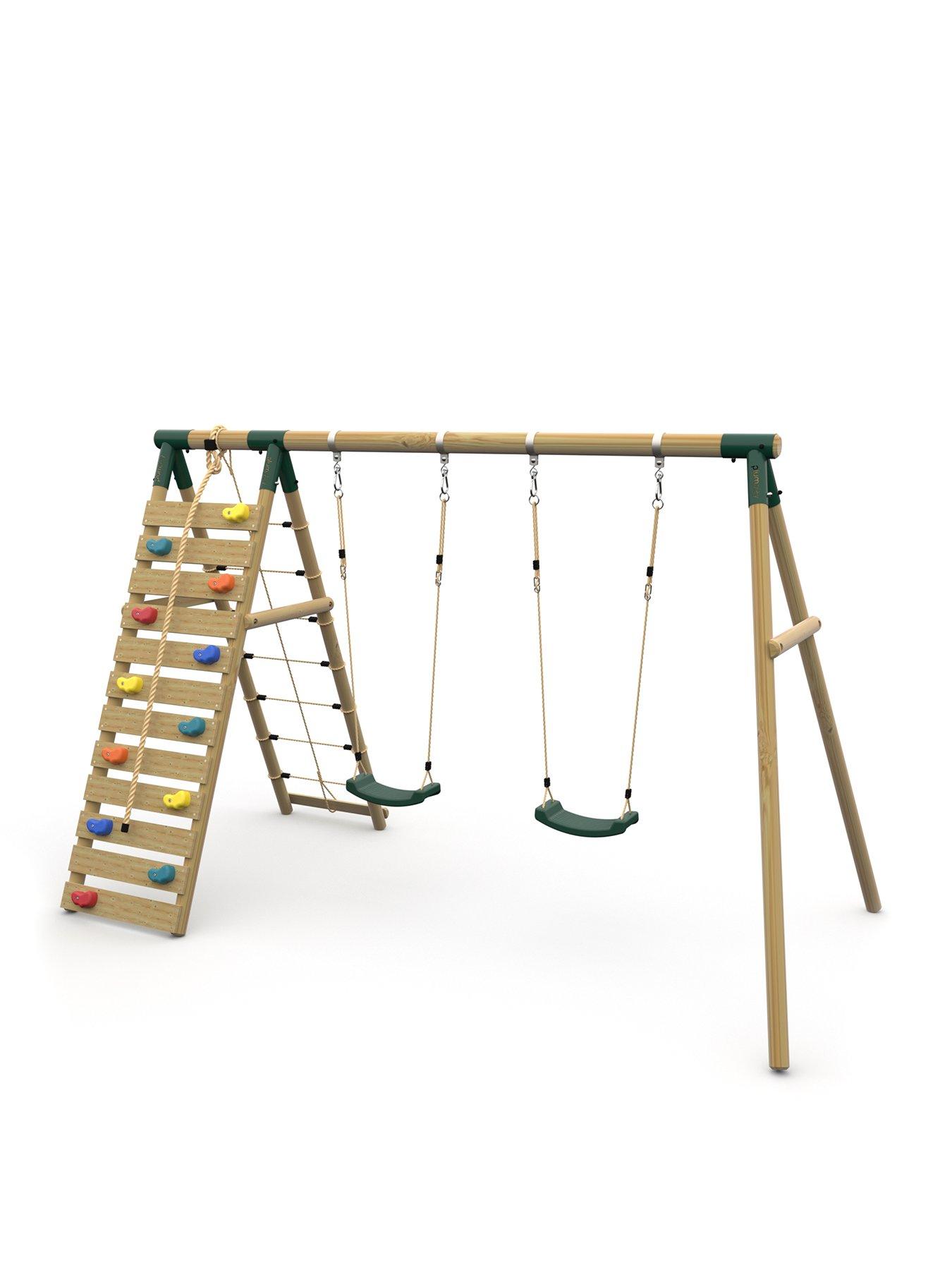 Plum Plum® Uakari Wooden Swing Set - Double Swing & Climbing Wall ...