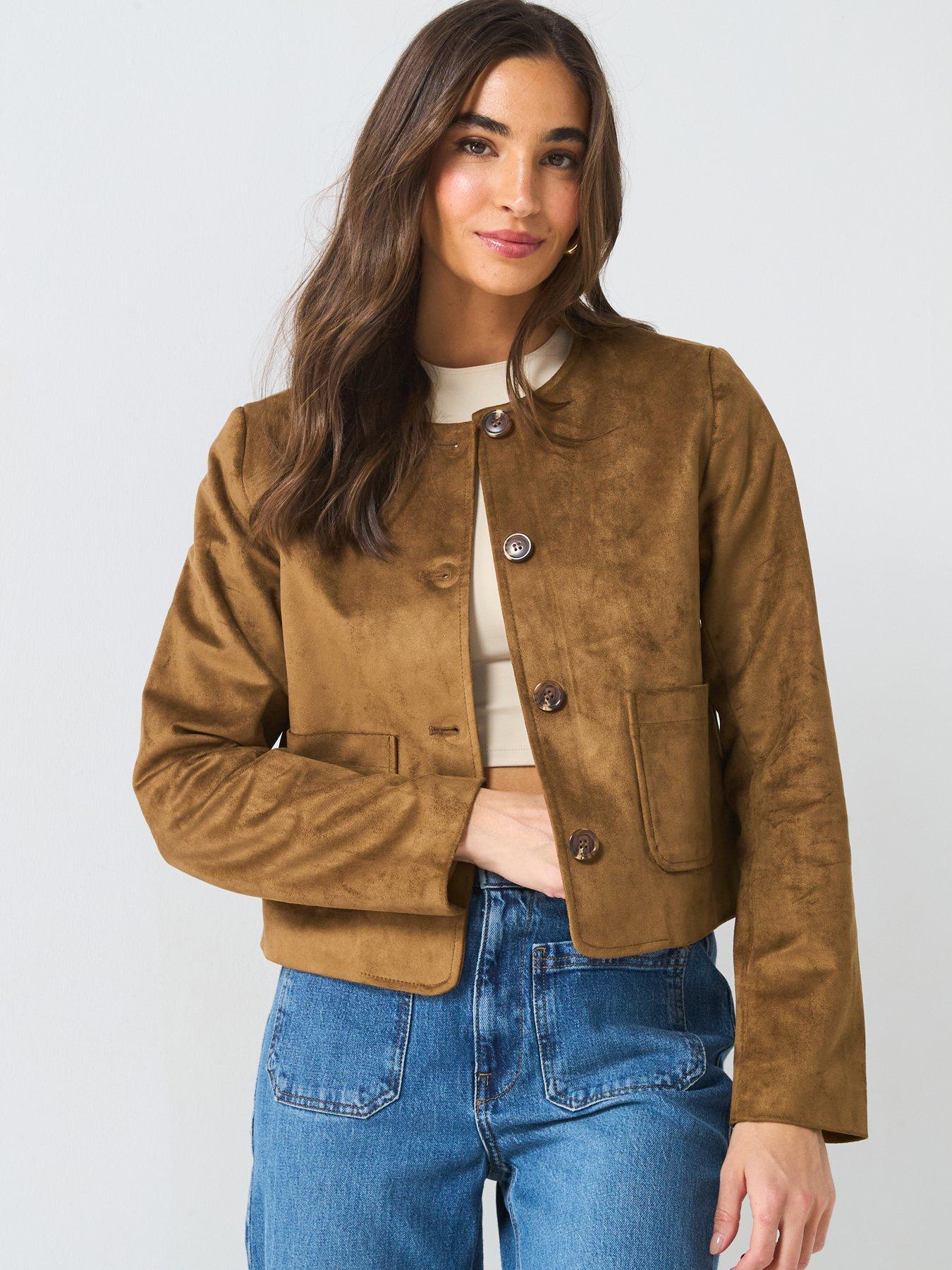Only Faux Suede Button Jacket - Brown | Very