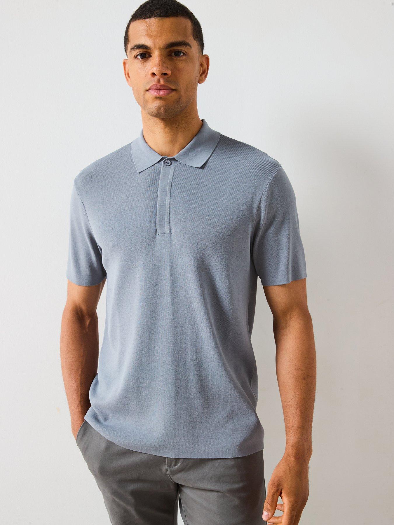 Very Man Knitted Rib Short Sleeve Polo Top - Light Blue | Very