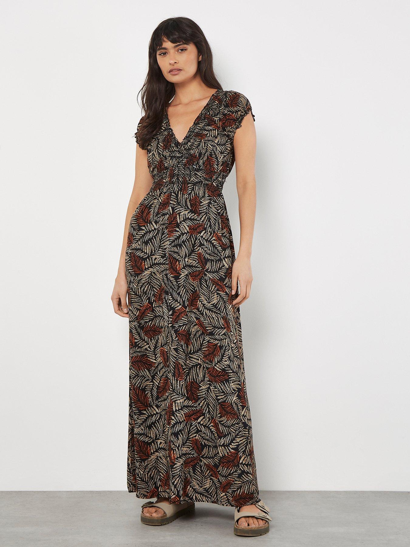 Apricot Rustic Leaves Smock V-neck Maxi Dress - Rust | Very