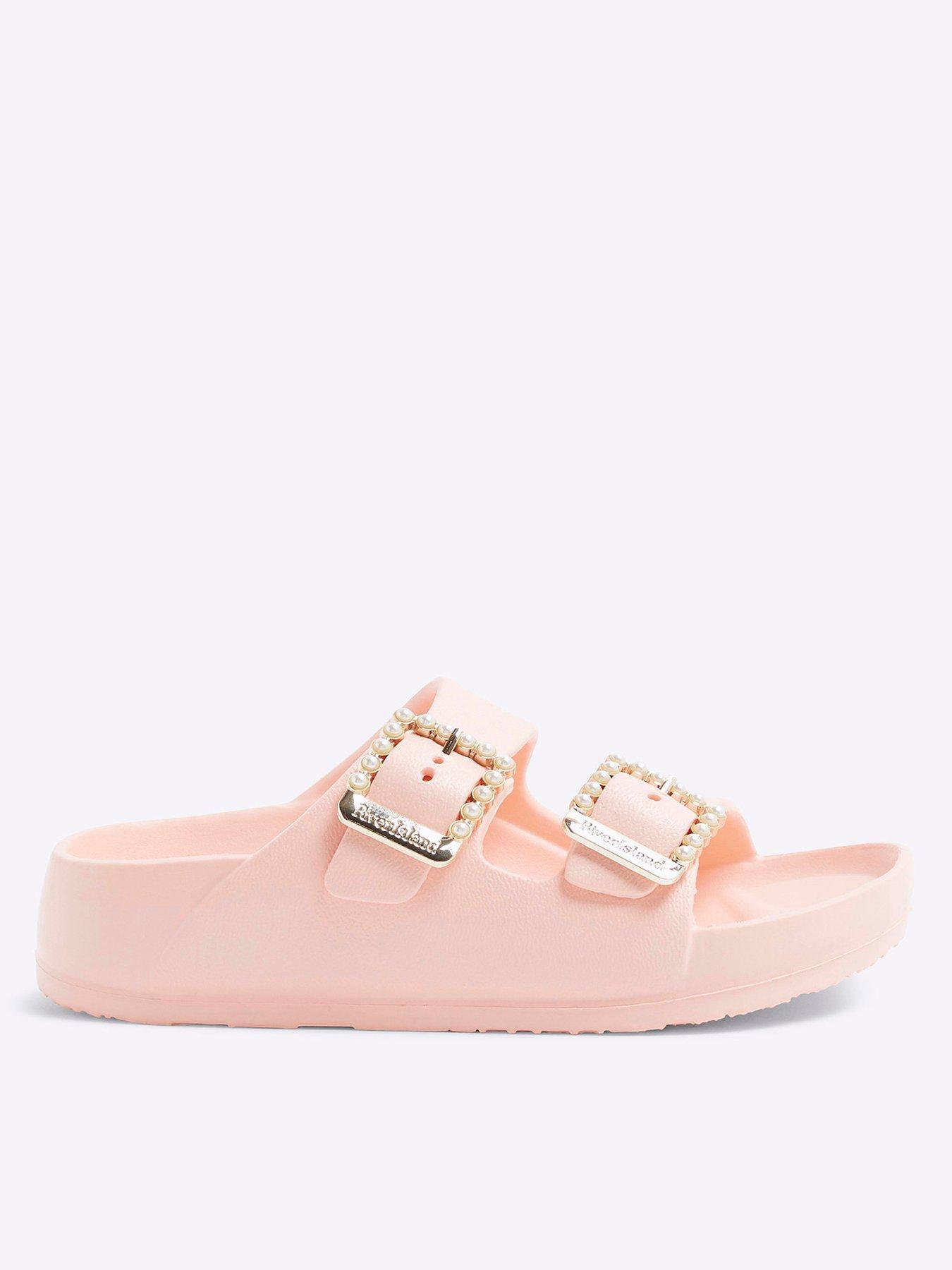 River Island Girls Pearl Double Buckle Sliders - Coral | Very