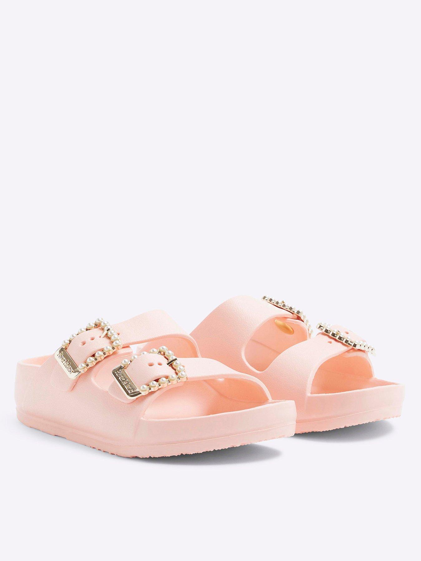 River Island Girls Pearl Double Buckle Sliders - Coral | Very