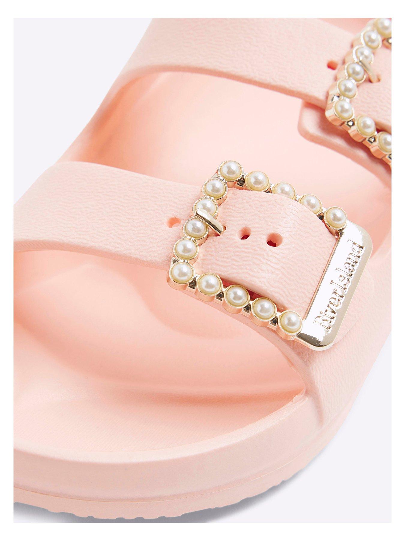 River Island Girls Pearl Double Buckle Sliders - Coral | Very