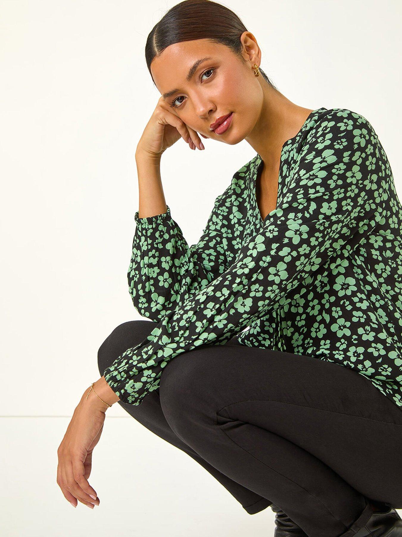 Roman Floral Button Detail Pinktuck Top - Green | Very