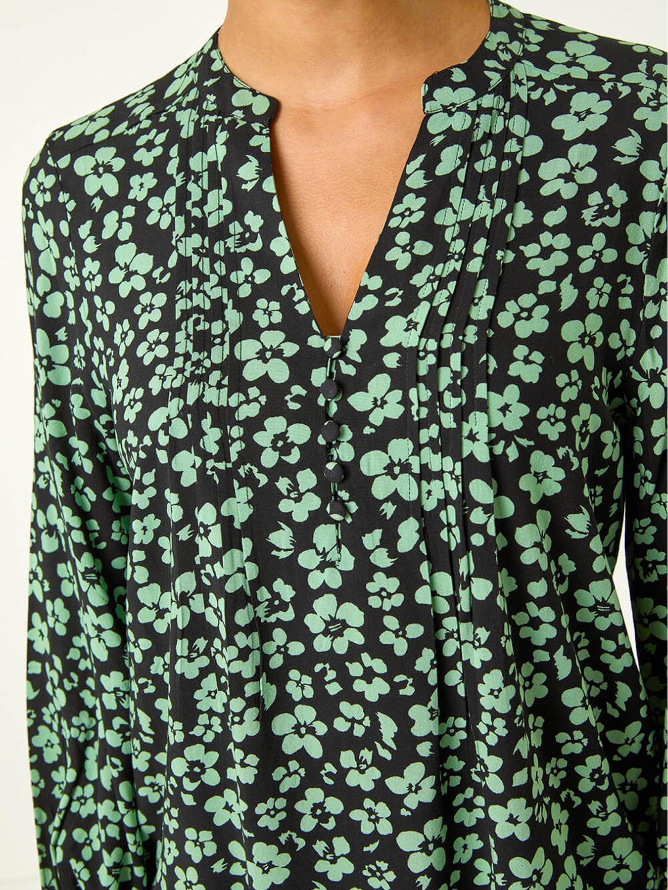 Roman Floral Button Detail Pinktuck Top - Green | Very