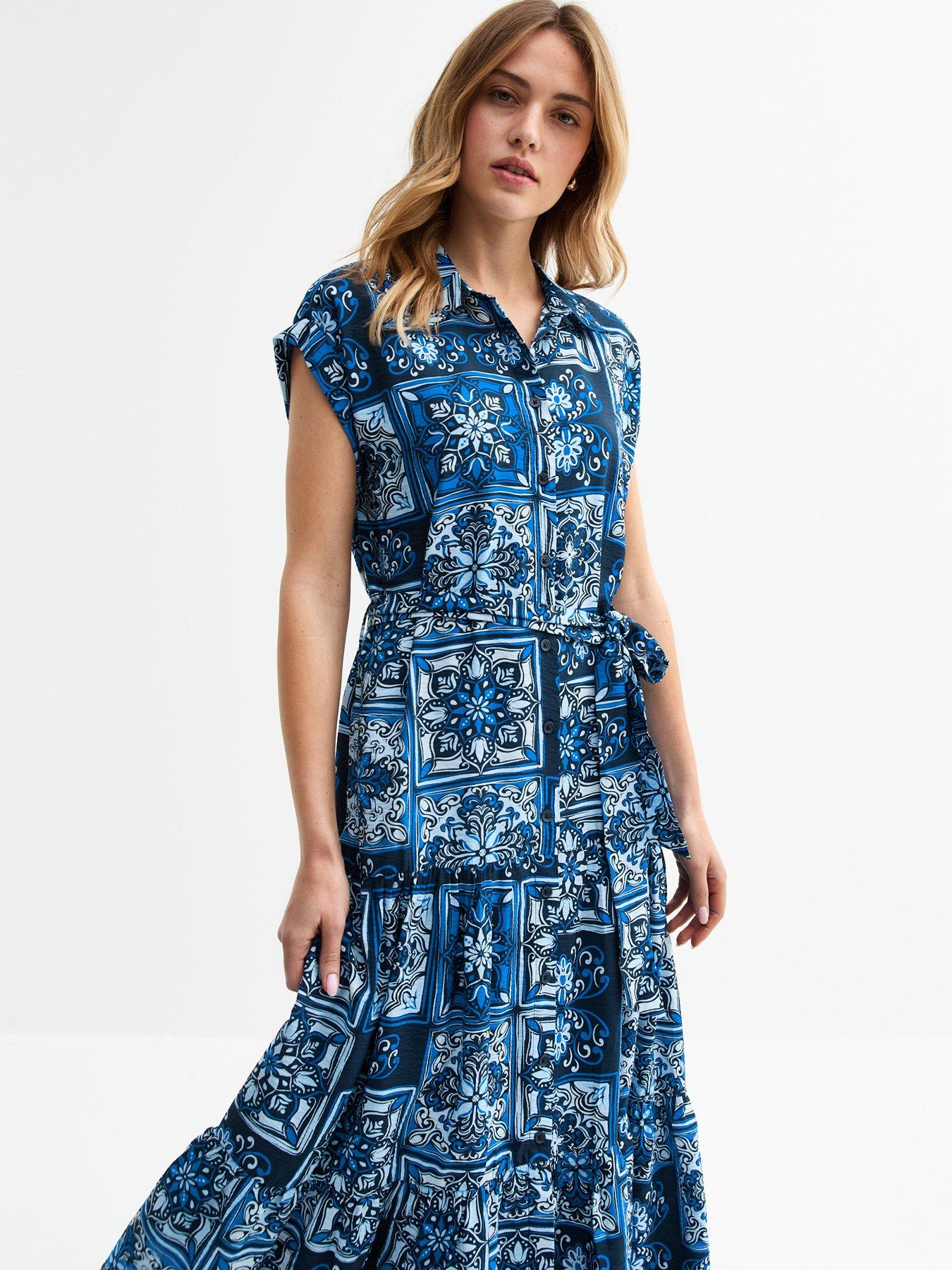 New Look Blue Tile Print Cap Sleeve Shirt Dress | Very