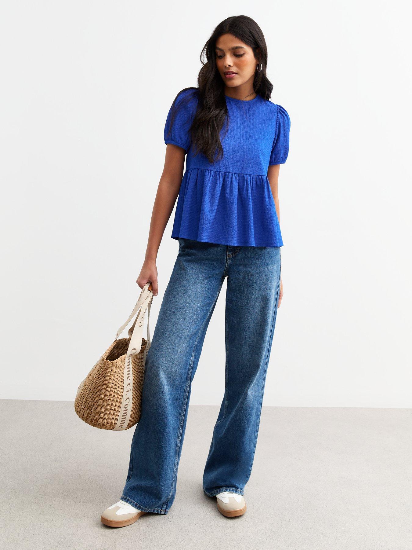 New Look Bright Blue Crinkled Jersey Tie Back Peplum Top | Very