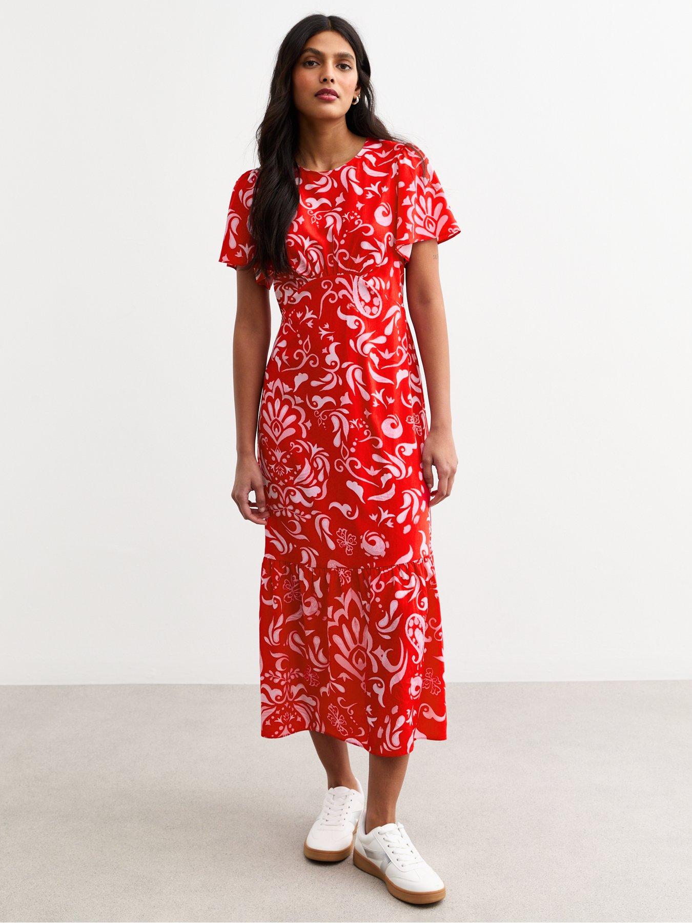 New Look Red Pattern Print Tiered Hem Midi Dress | Very