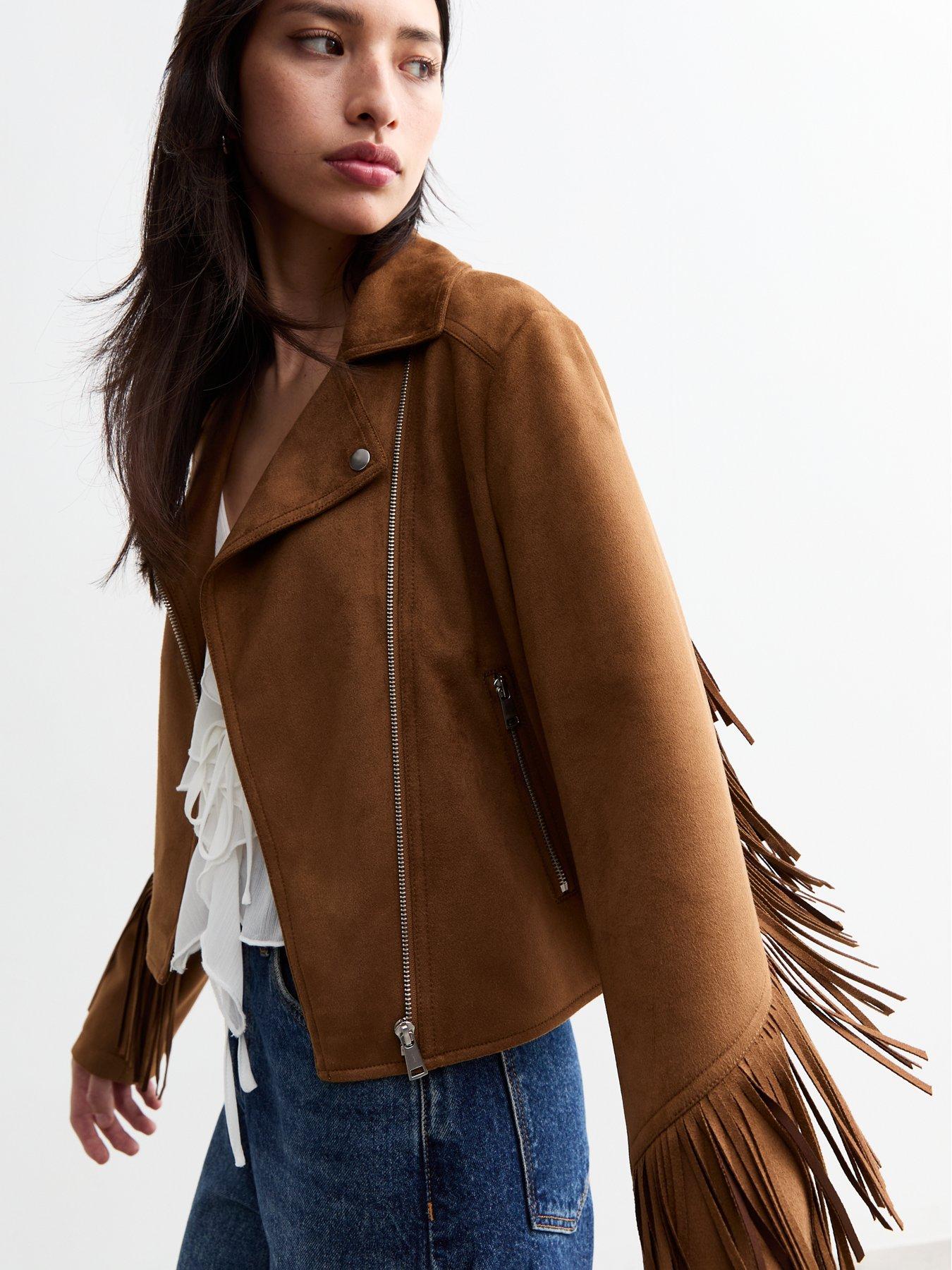 New Look Tan Fringe Trimmed Faux Suede Jacket | Very