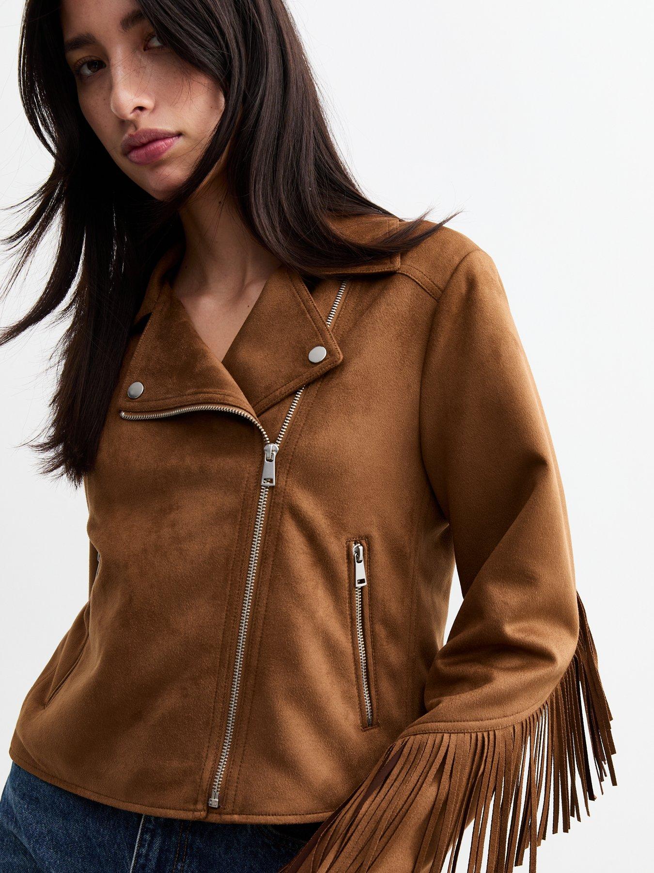 New Look Tan Fringe Trimmed Faux Suede Jacket | Very