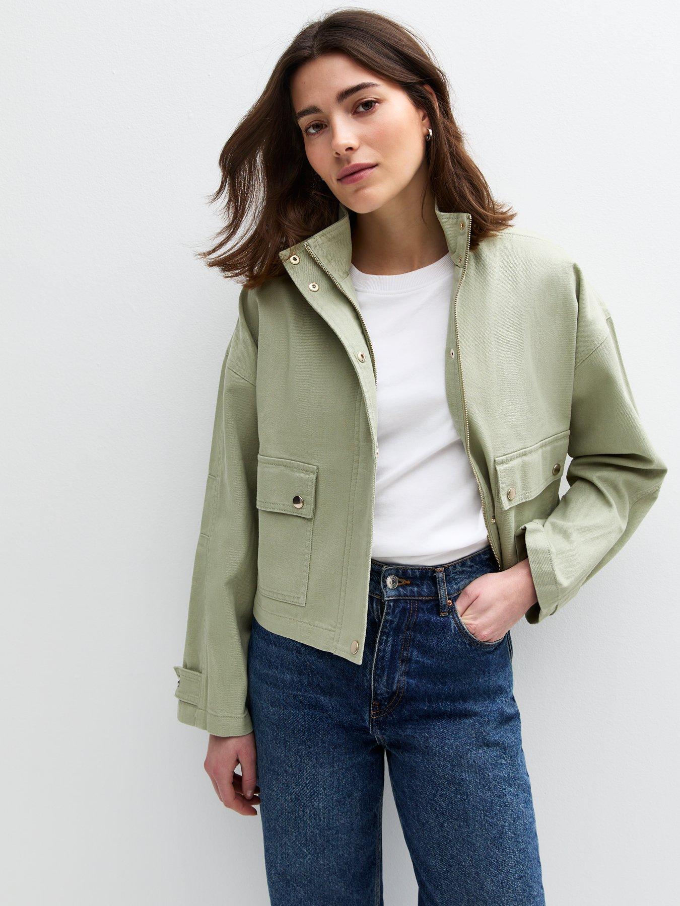 New Look High Neck Cotton Twill Shacket - Green | Very