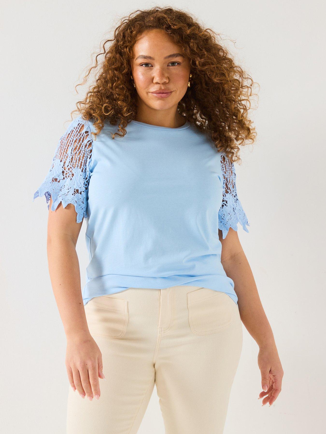 V by Very Curve Lace Sleeve T-Shirt - Light Blue | Very