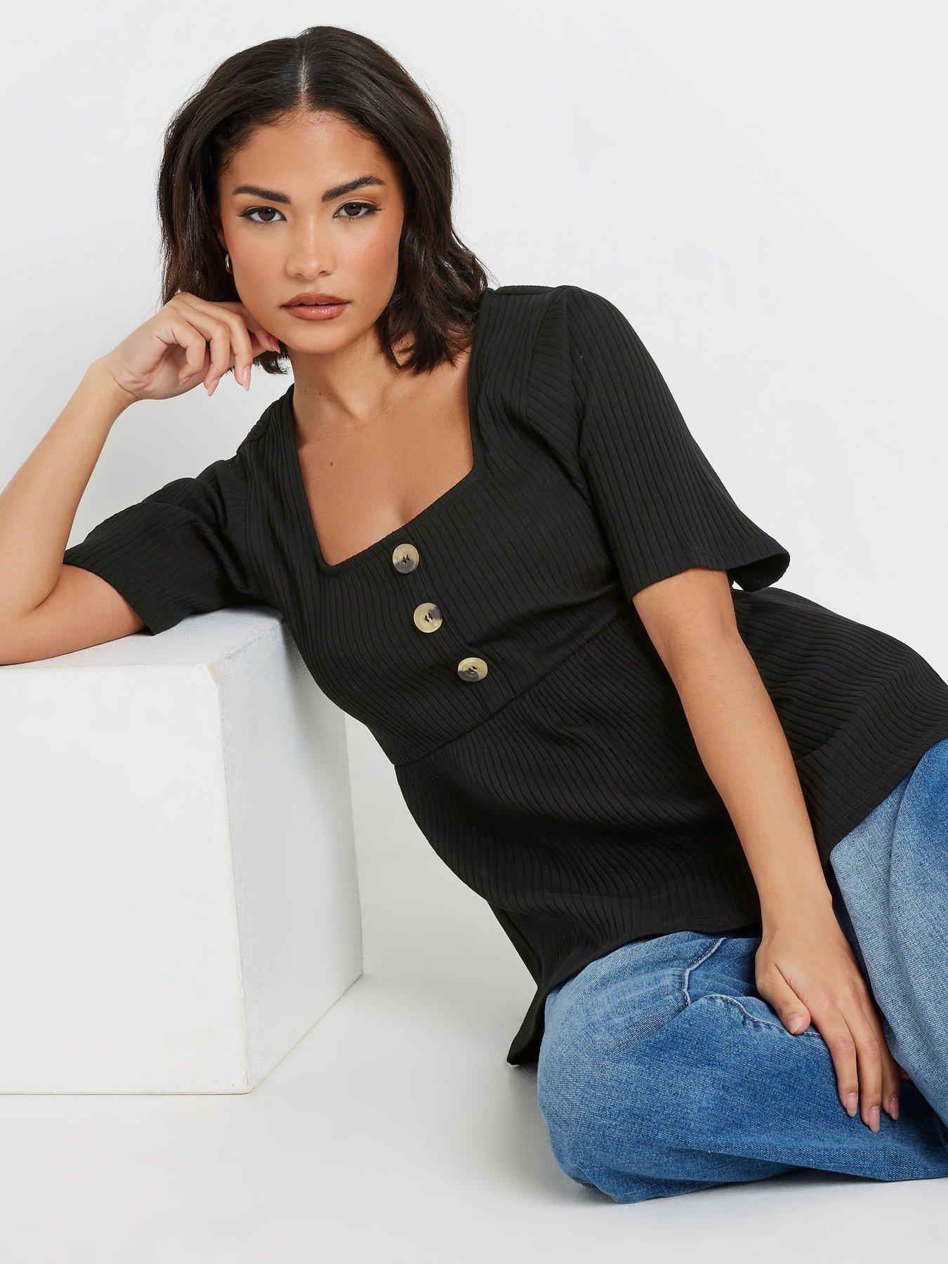 PixieGirl Petite Smock Button Rib Top - Black | Very