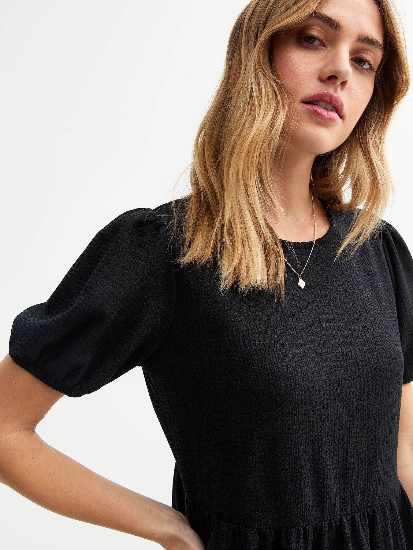 New Look Black Bow Back Crinkled Mini Smock Dress | Very