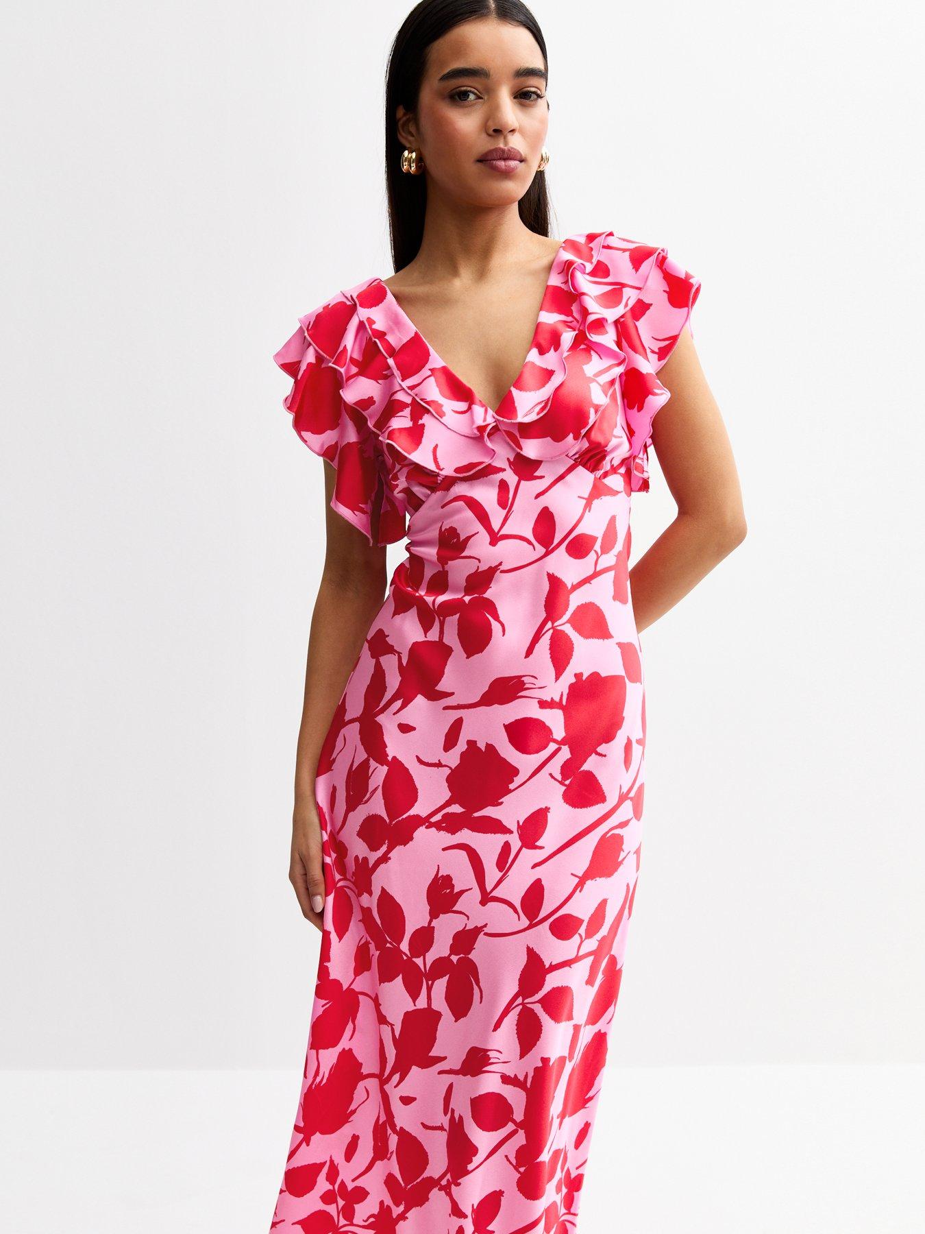 New Look Pink Satin Floral Print Ruffle Trim Midi Dress | Very