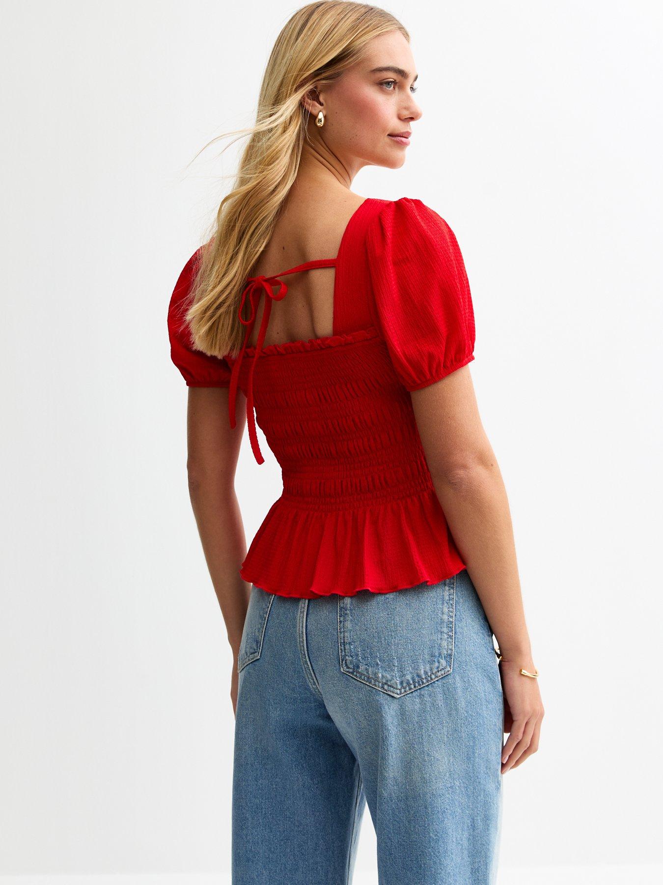New Look Skylar Shirred Puff Sleeve Top - Red | Very