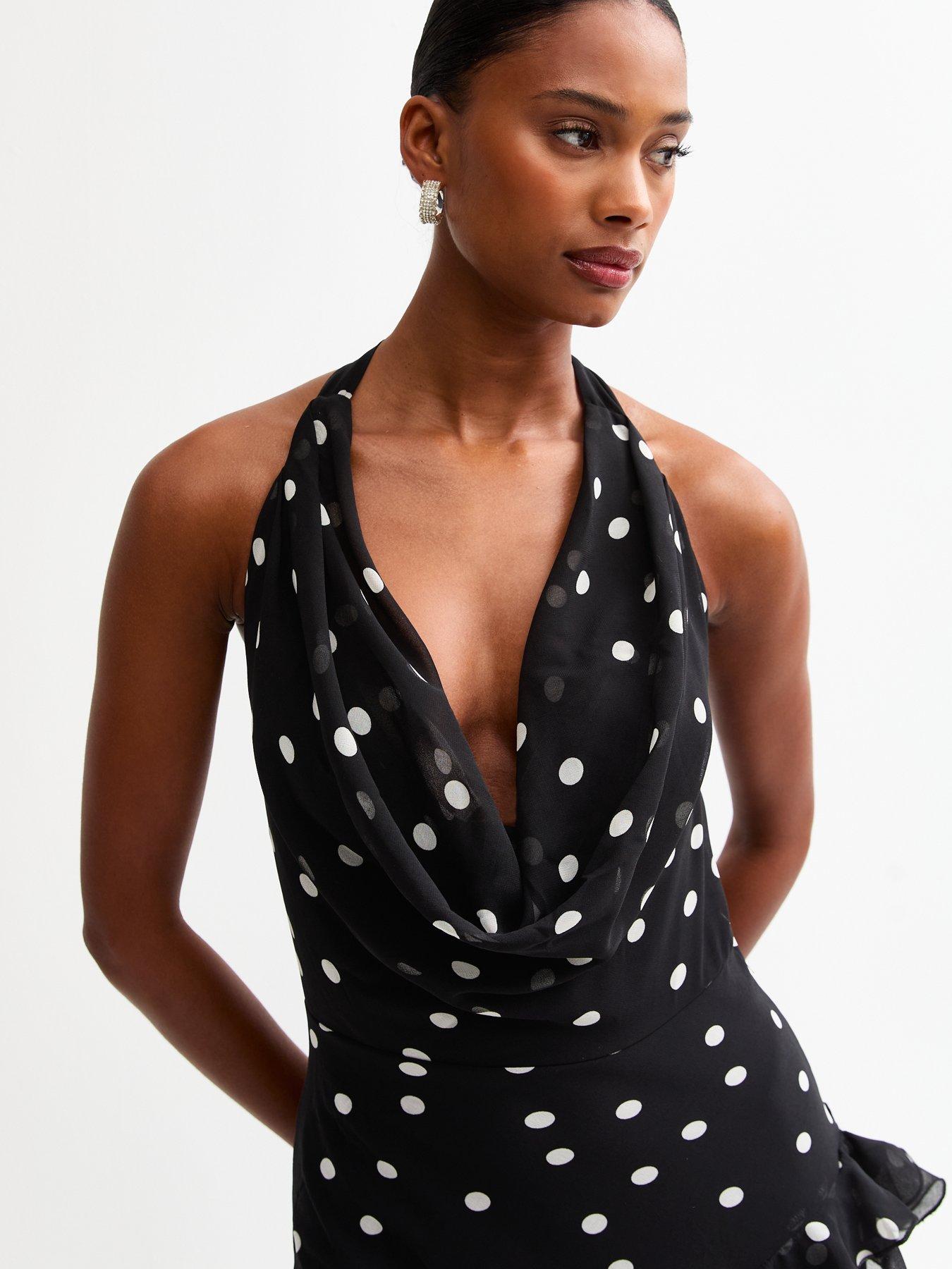 New Look Polka Dot Cowl Neck Chiffon Midi Dress - Black | Very