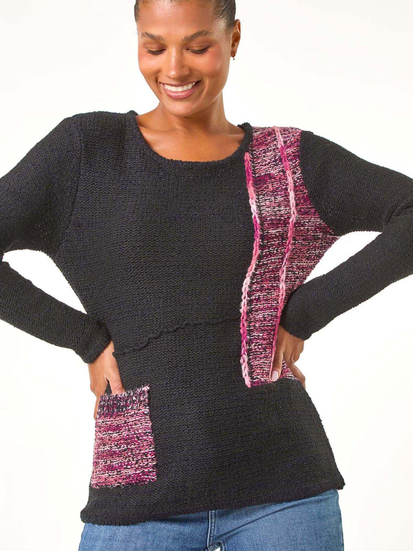 Roman Contrast Textured Knit Jumper - Black | Very