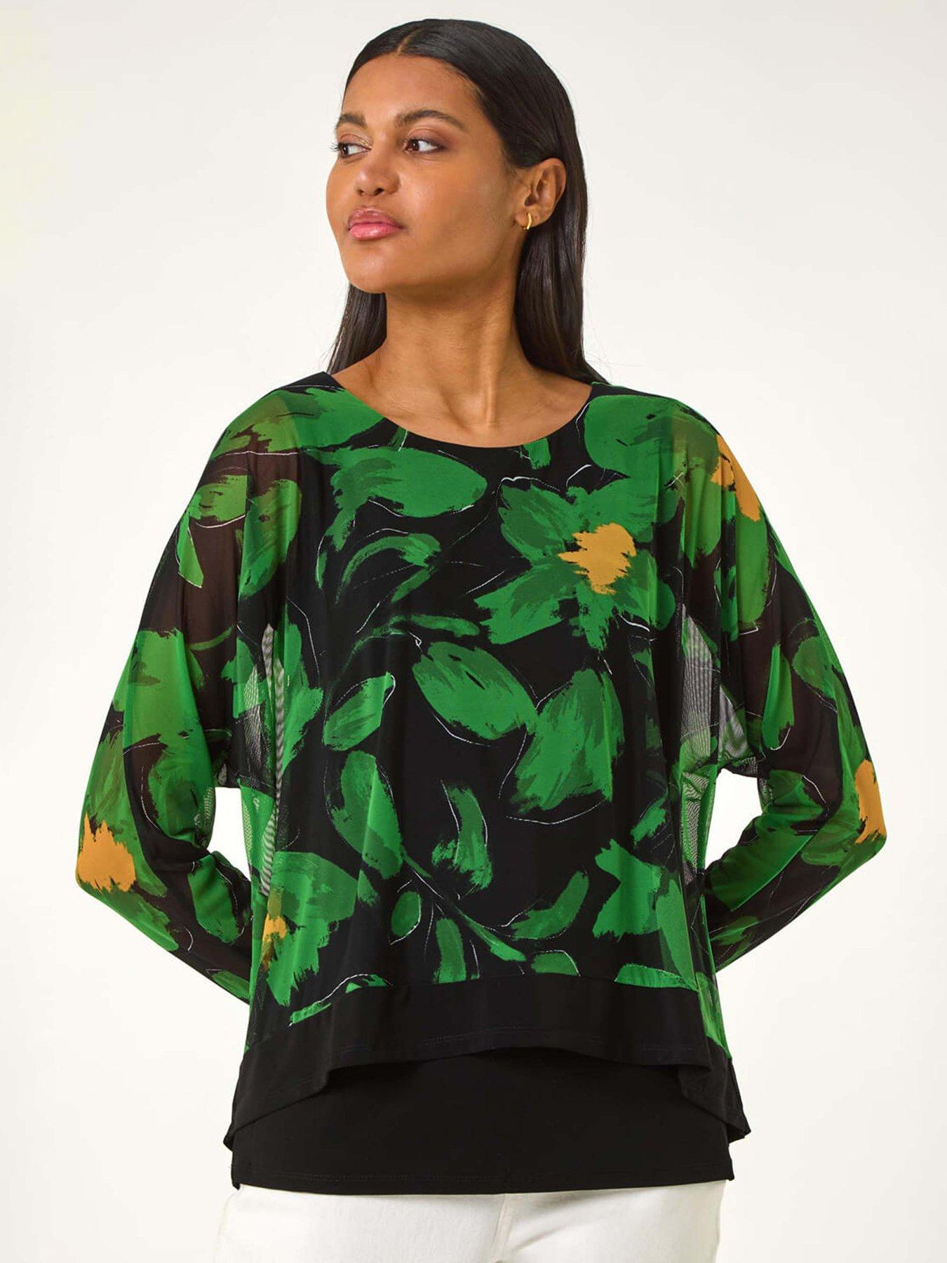 Roman Floral Mesh Overlay Stretch Top - Green | Very