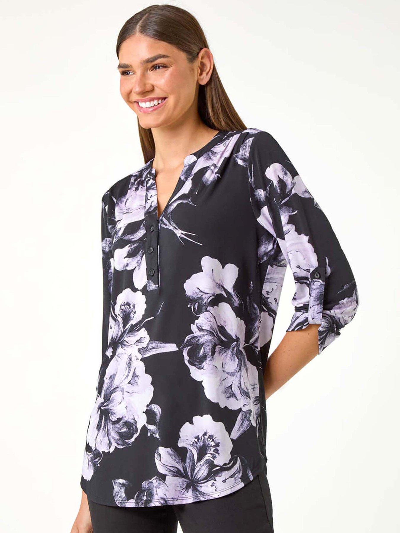 Roman Floral Print Notch Neck Top - Purple | Very