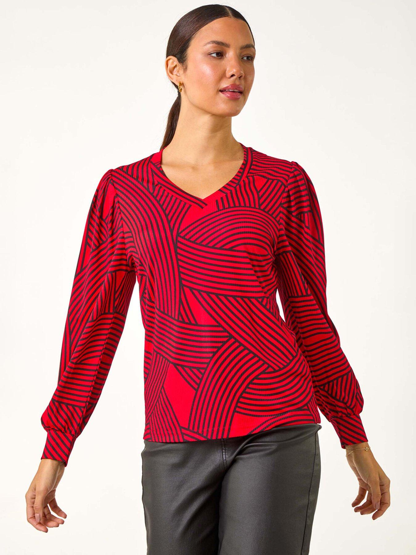 Roman Geometric Print V-neck Stretch Top - Red | Very