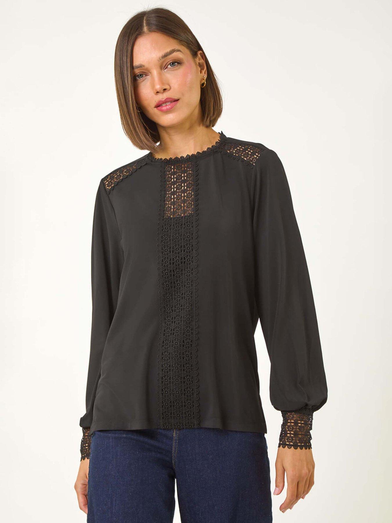 Roman Lace Trim Detail Stretch Top - Black | Very