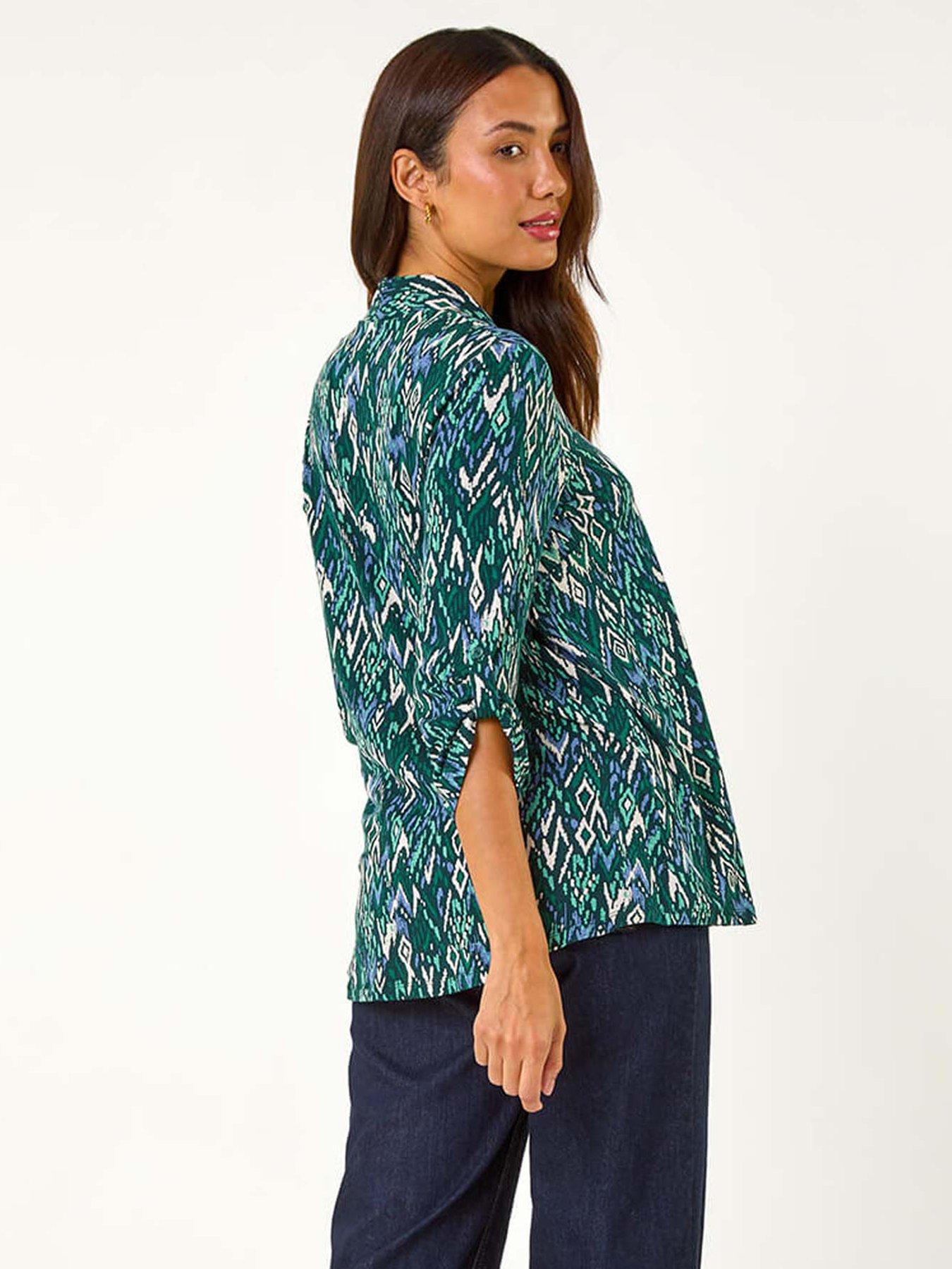 Roman Abstract Print Front Pleat Stretch Top - Green | Very