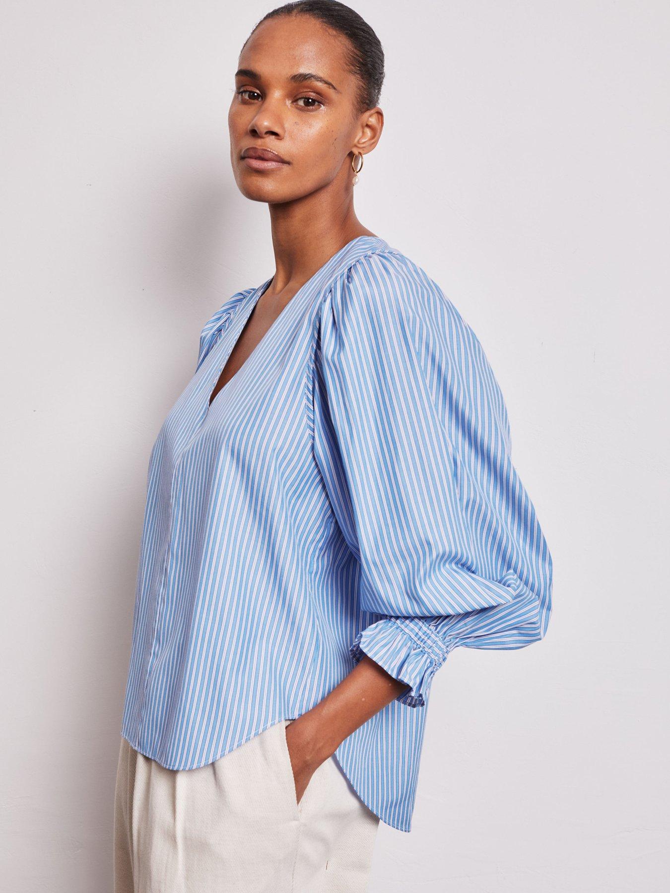 Vi.ve.re Remi V Neck Gathered Cuff Shirt - Blue | Very