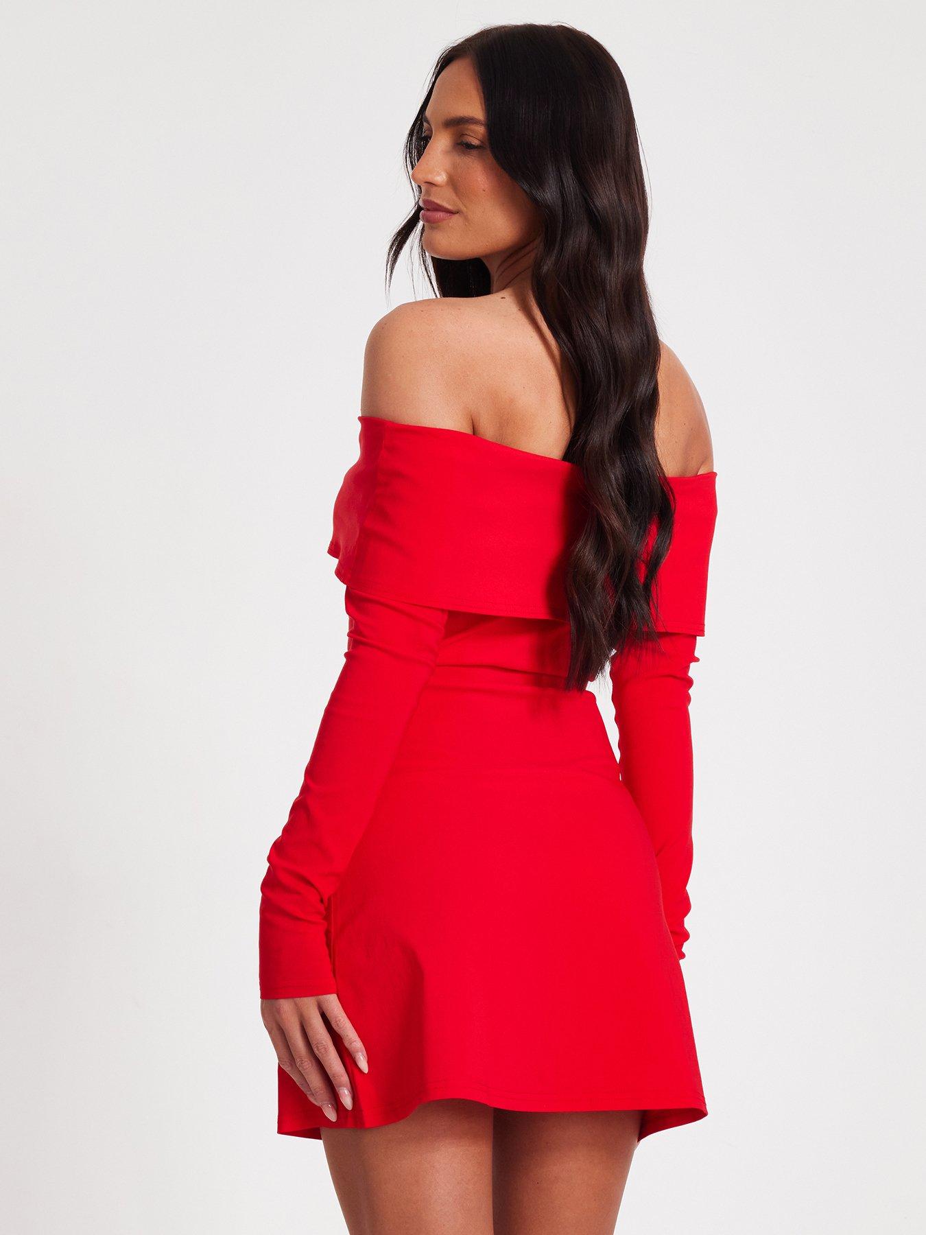 Quiz Red Bardot Long Sleeve Mini Dress | Very