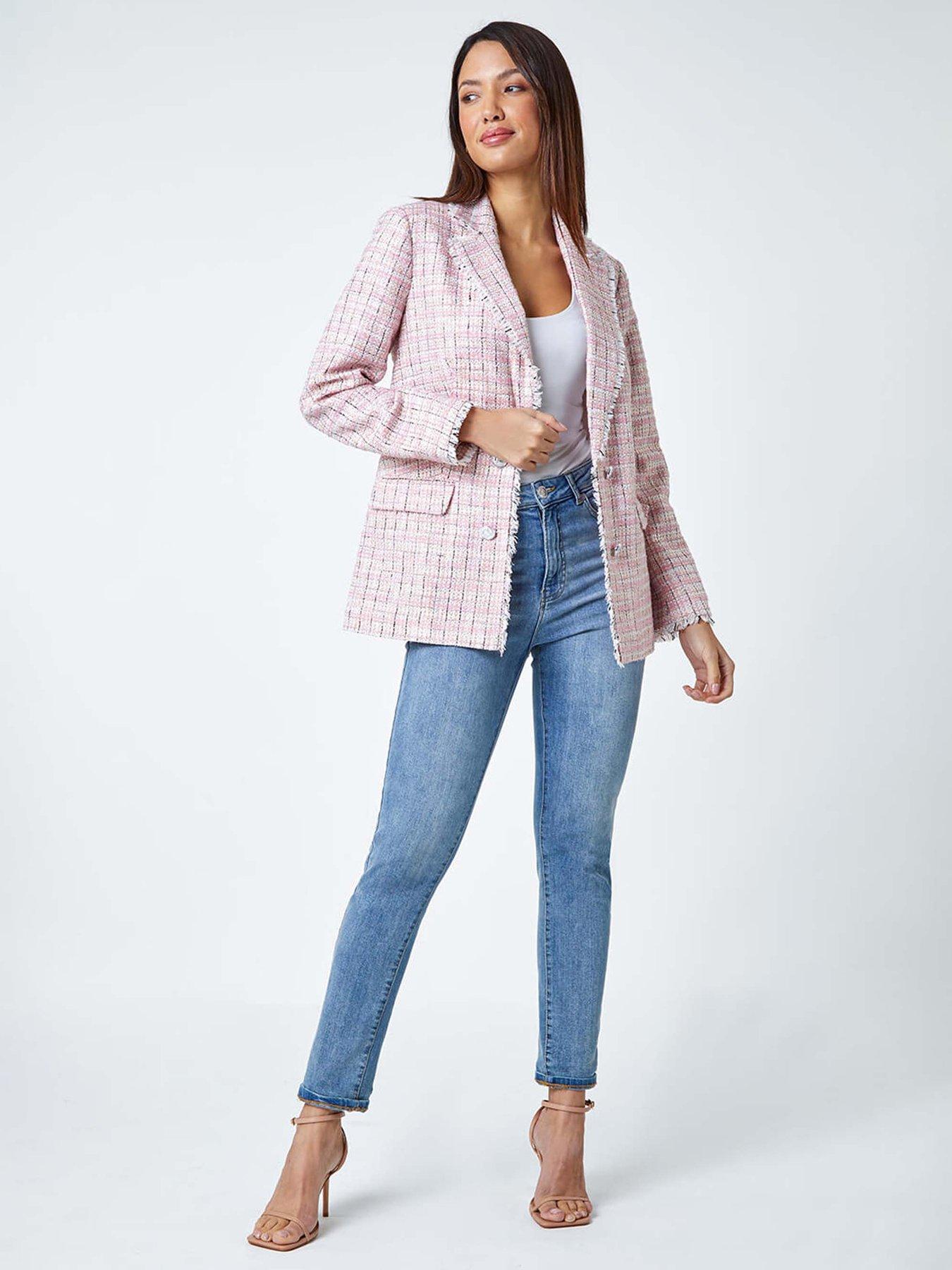 Roman Frayed Edge Boucle Check Jacket - Pink | Very