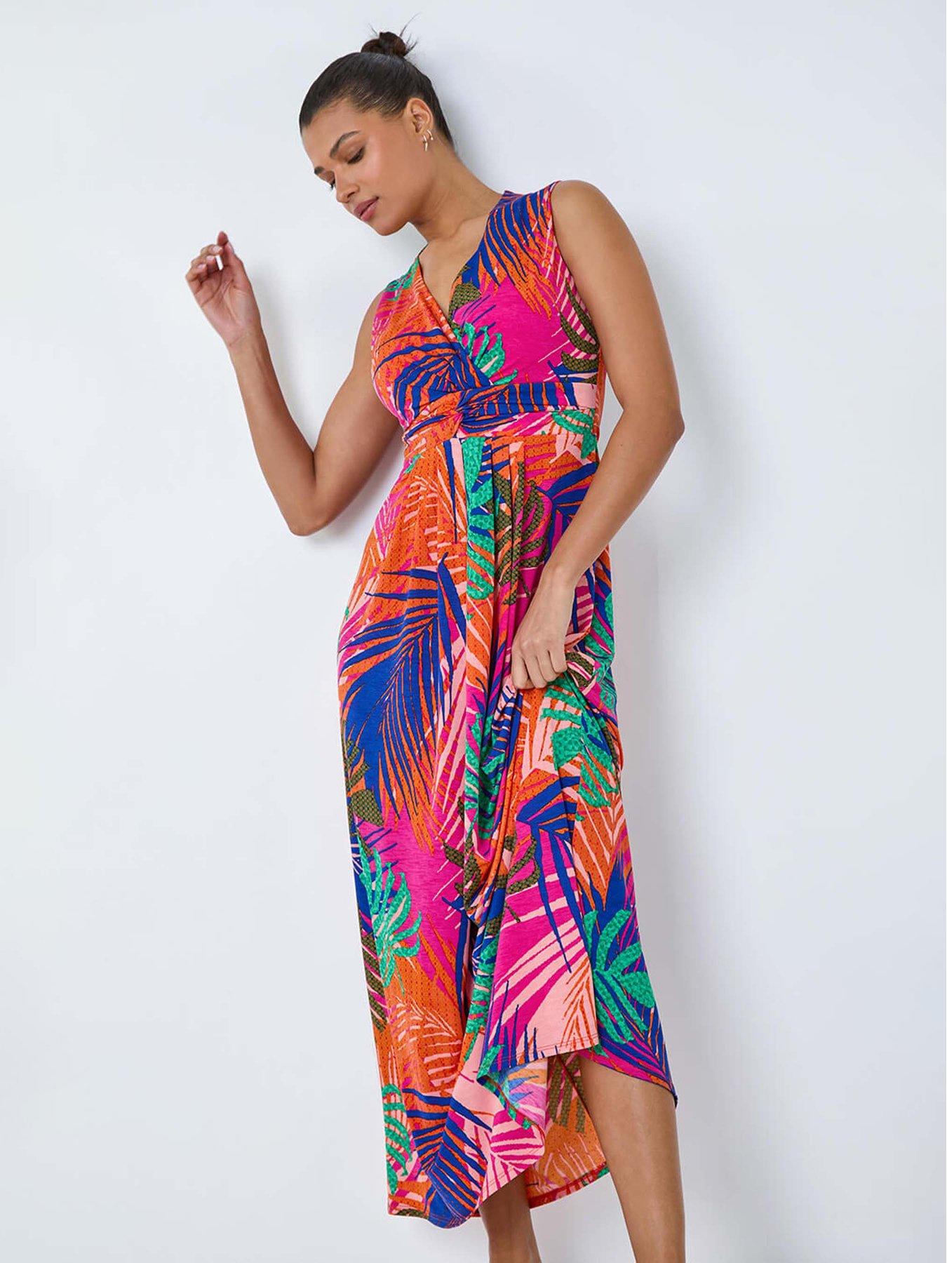 Roman Tropical Gathered Stretch Wrap Maxi Dress - Pink | Very