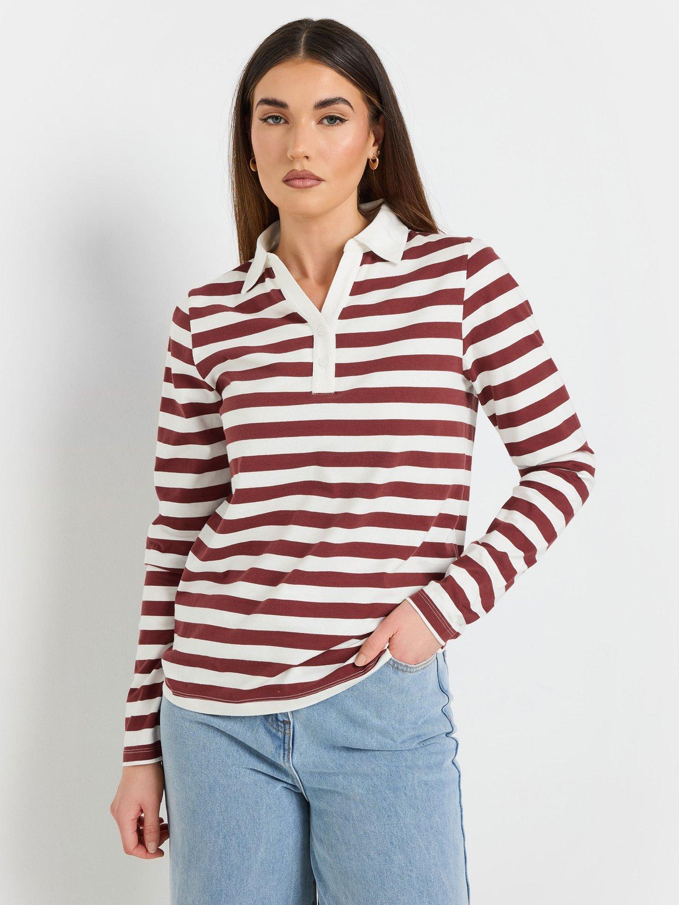 Long Tall Sally Tall Stripe Half Placket Polo Tee - Brown | Very