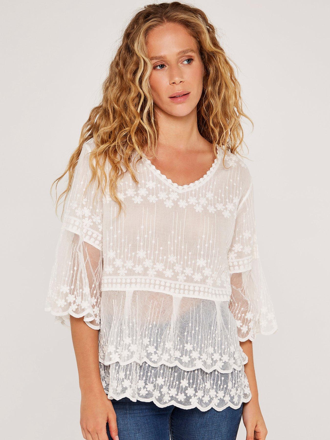 Apricot Embroidered Cotton Mesh Top - Cream | Very