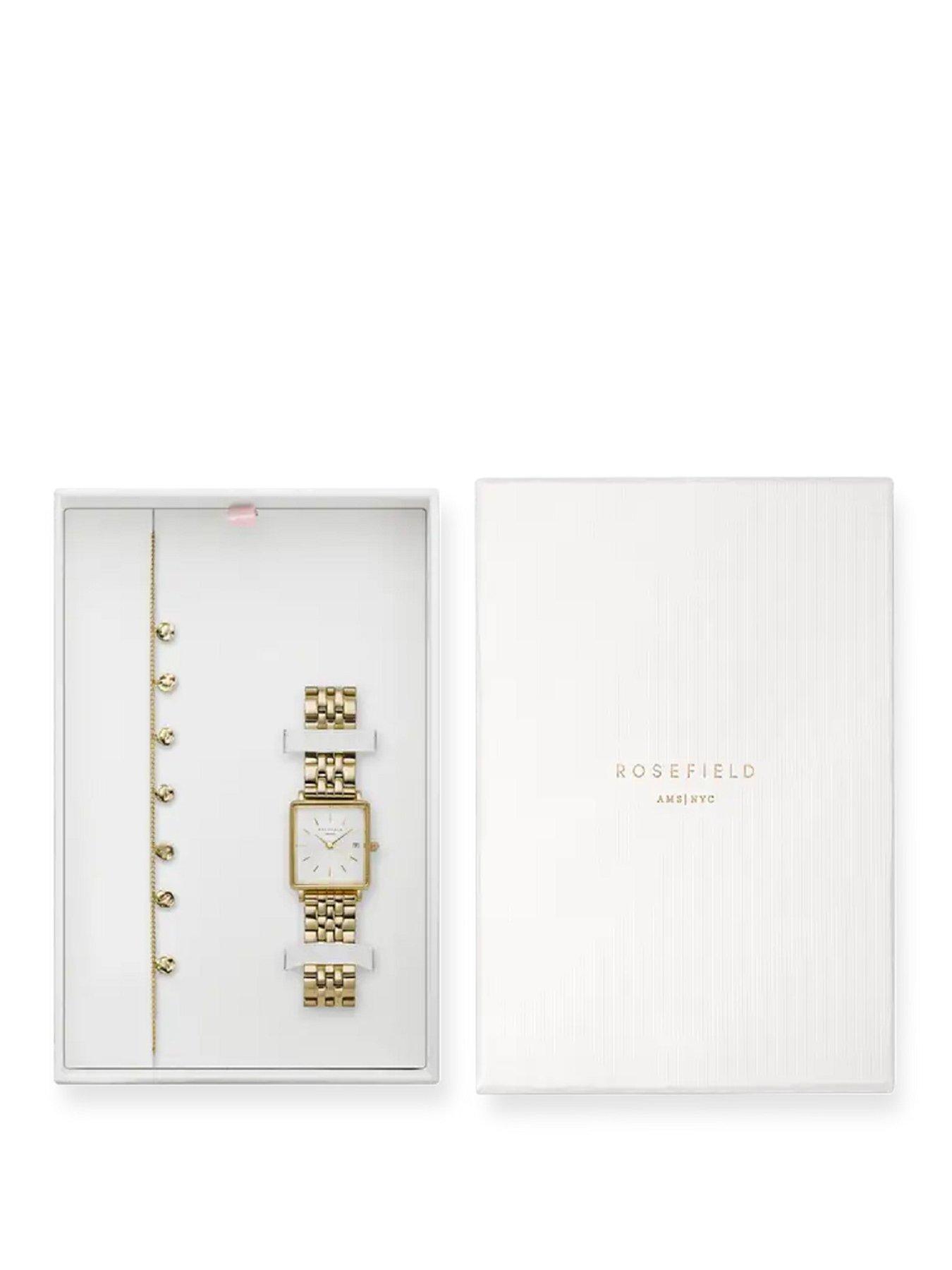 Rosefield Boxy Boxed Set White Sunray Dial Gold IP Watch with Liquid ...