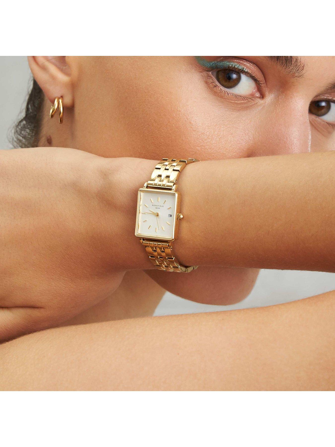 Rosefield Boxy Boxed Set White Sunray Dial Gold IP Watch with Liquid ...