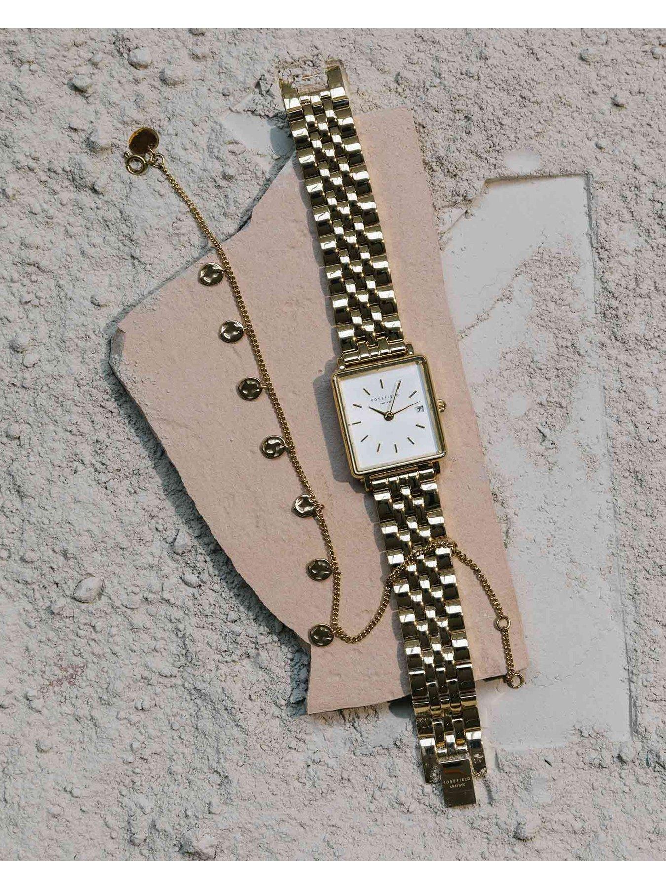 Rosefield Boxy Boxed Set White Sunray Dial Gold IP Watch with Liquid ...