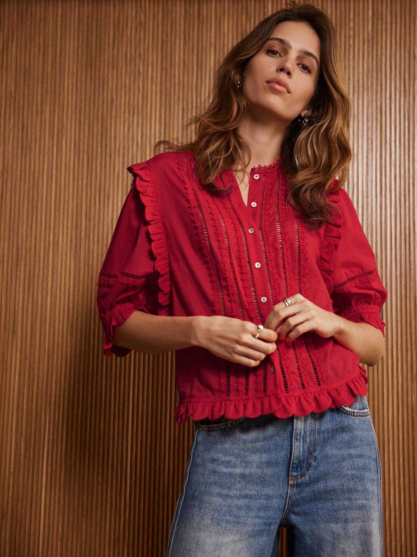 Mint Velvet Ruffle Trim Top - Red | Very
