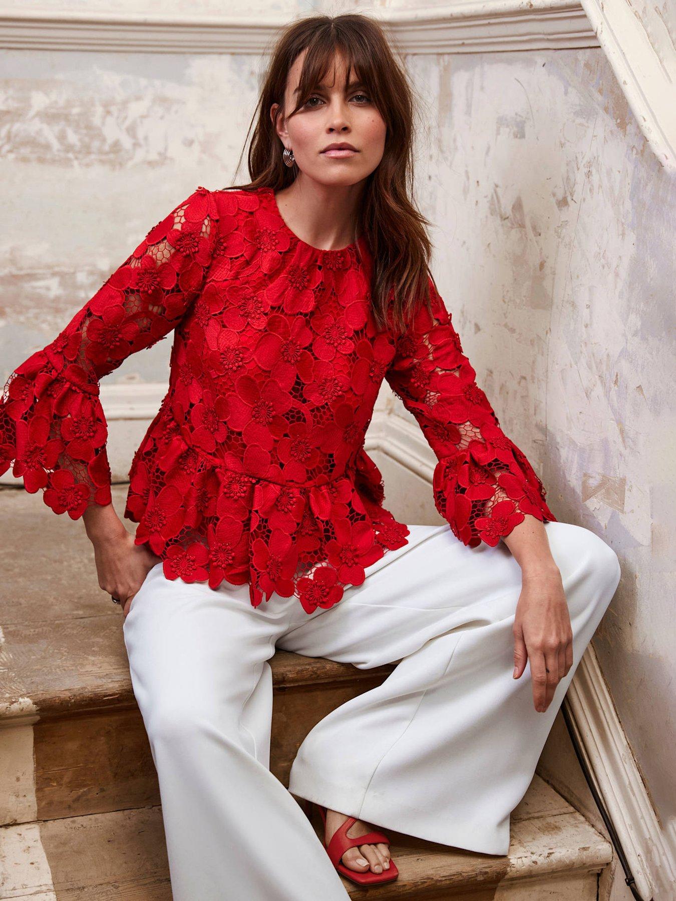 Mint Velvet Floral Applique Top - Red | Very
