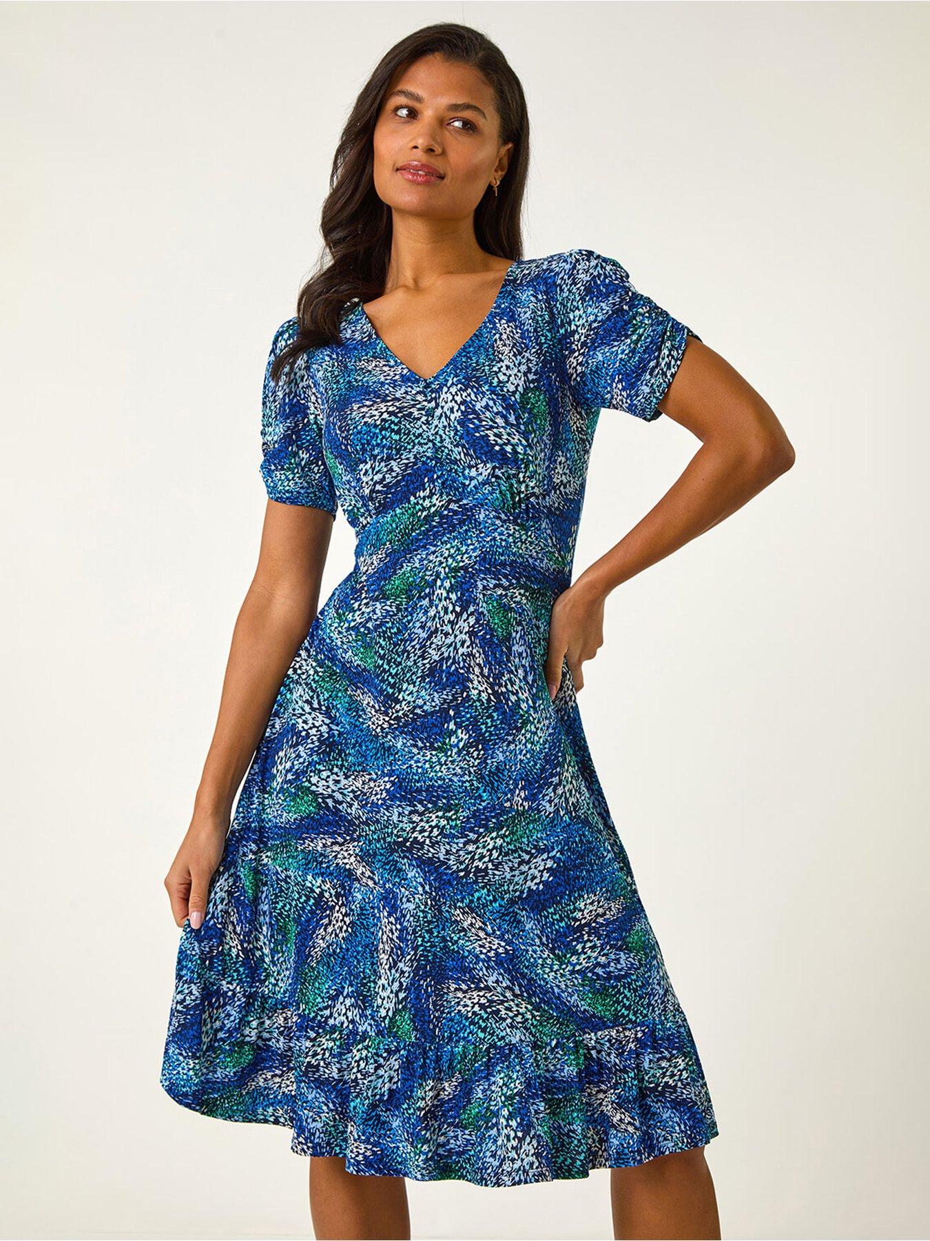Roman Abstract Button Tea Dress - Navy | Very