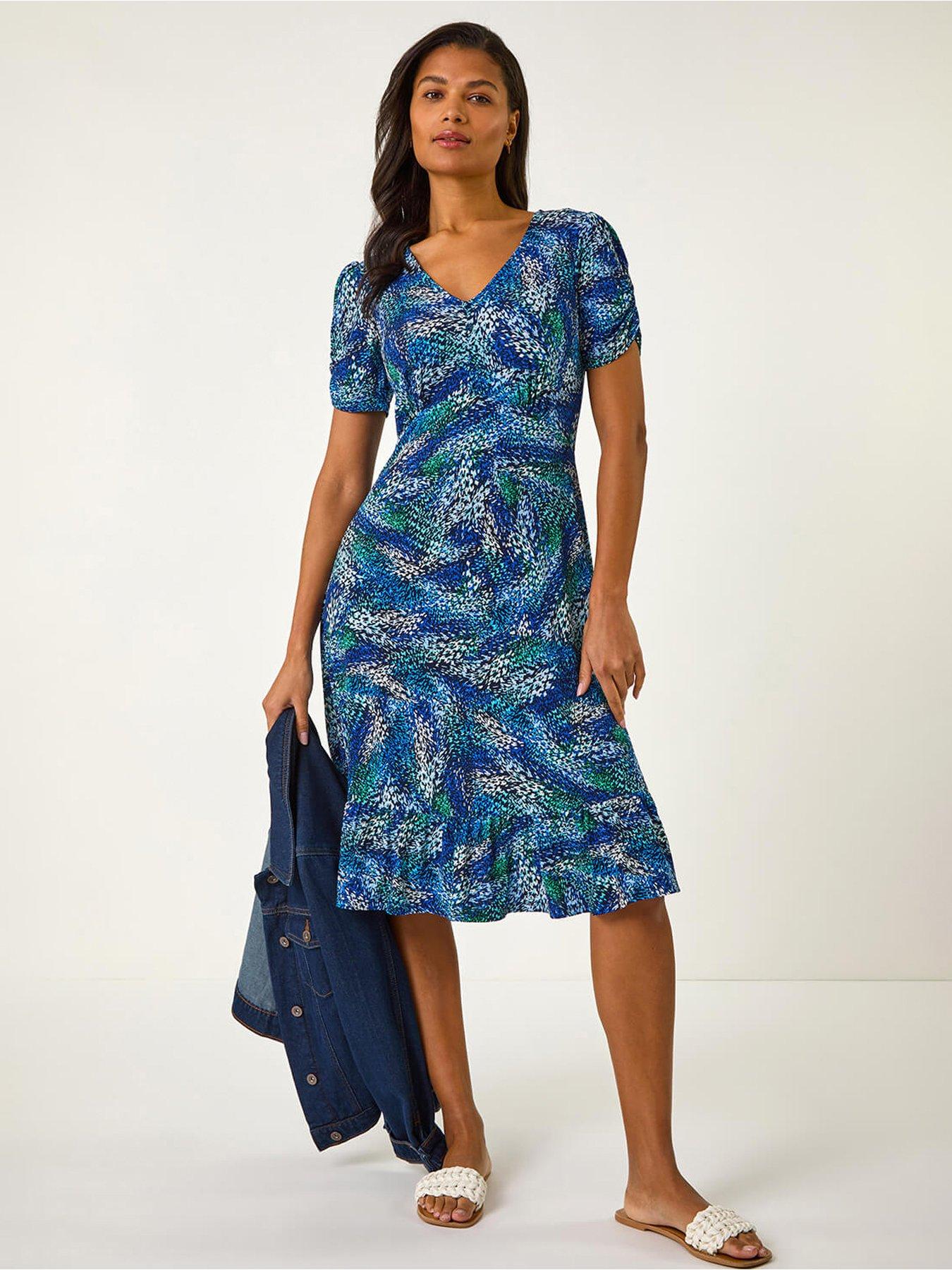 Roman Abstract Button Tea Dress - Navy | Very