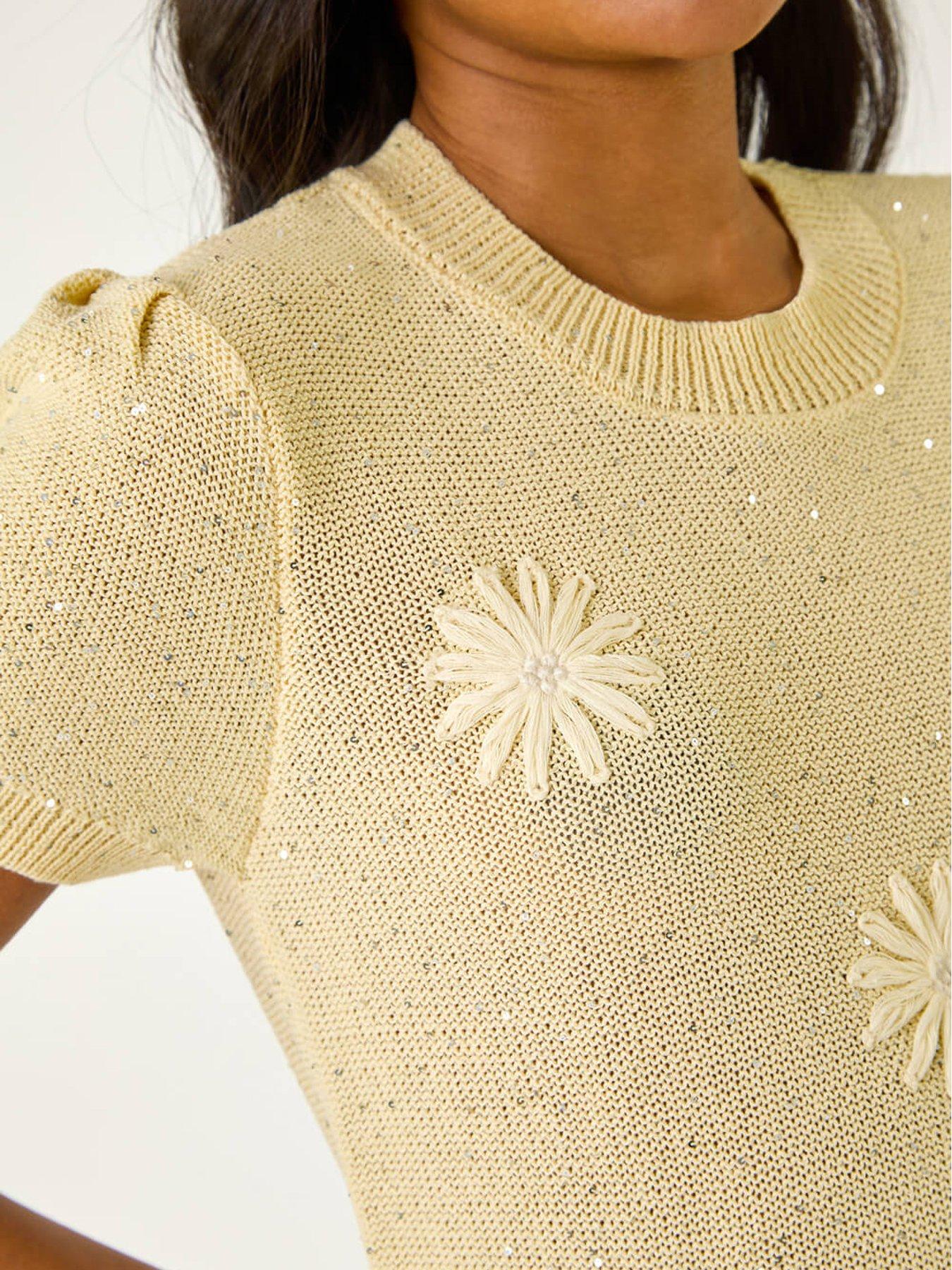 Roman Daisy Sequin Embroidered Knit Top - Lemon | Very