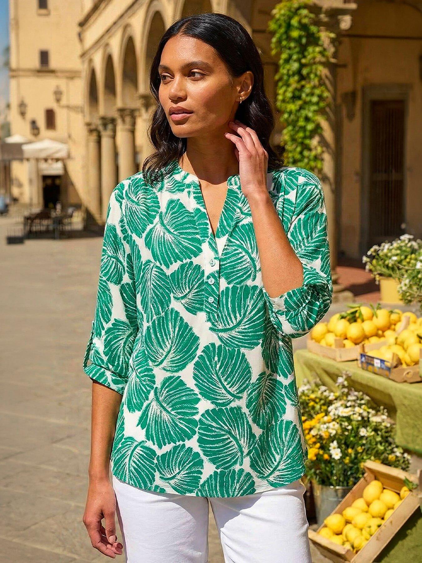 Roman Leaf Print Shoulder Pleat Shirt - Green | Very