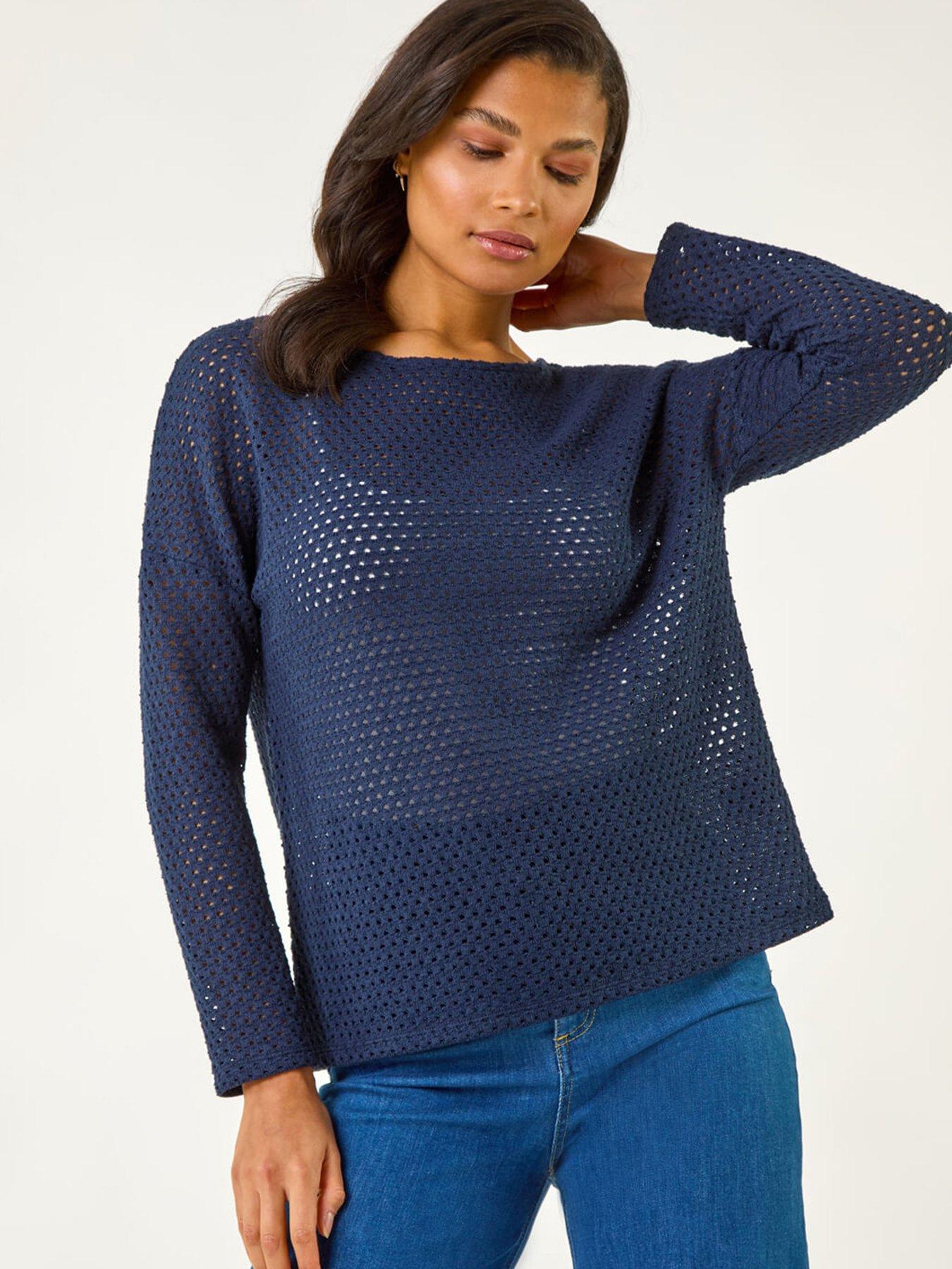Roman Crochet Cotton Jersey Top - Navy | Very