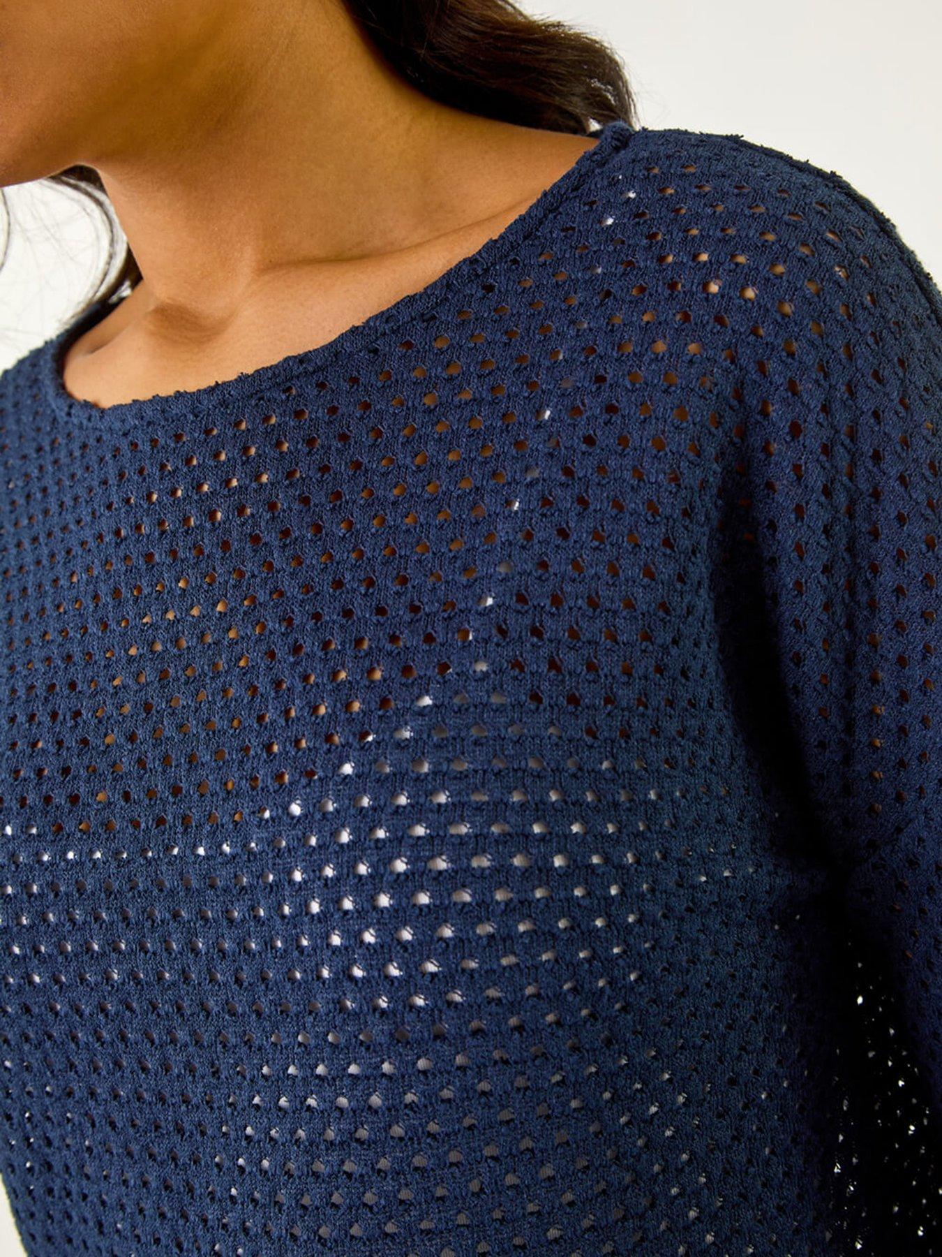 Roman Crochet Cotton Jersey Top - Navy | Very