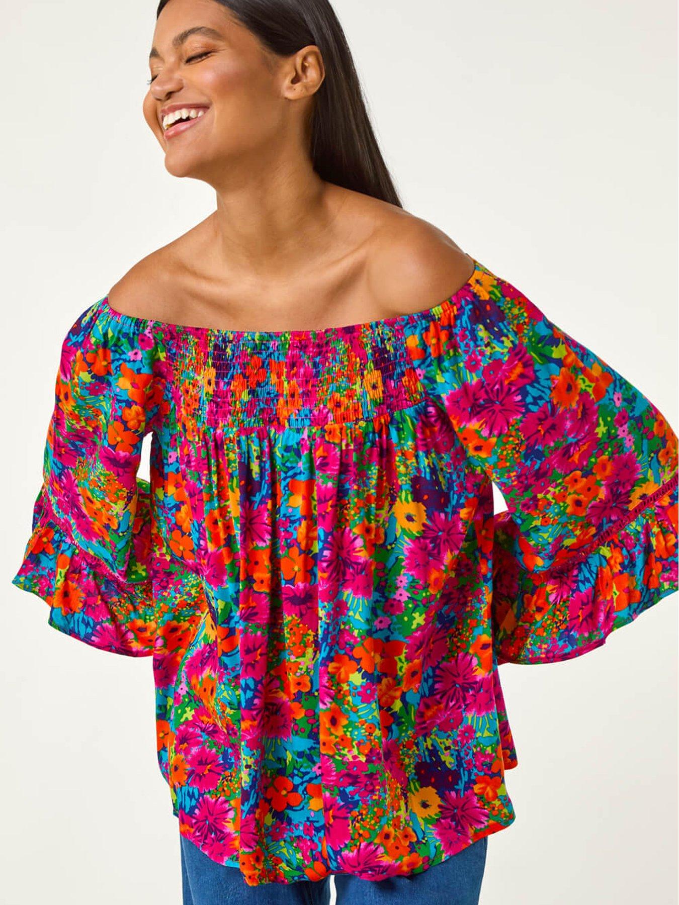 Roman Floral Print Bardot Top - Orange | Very