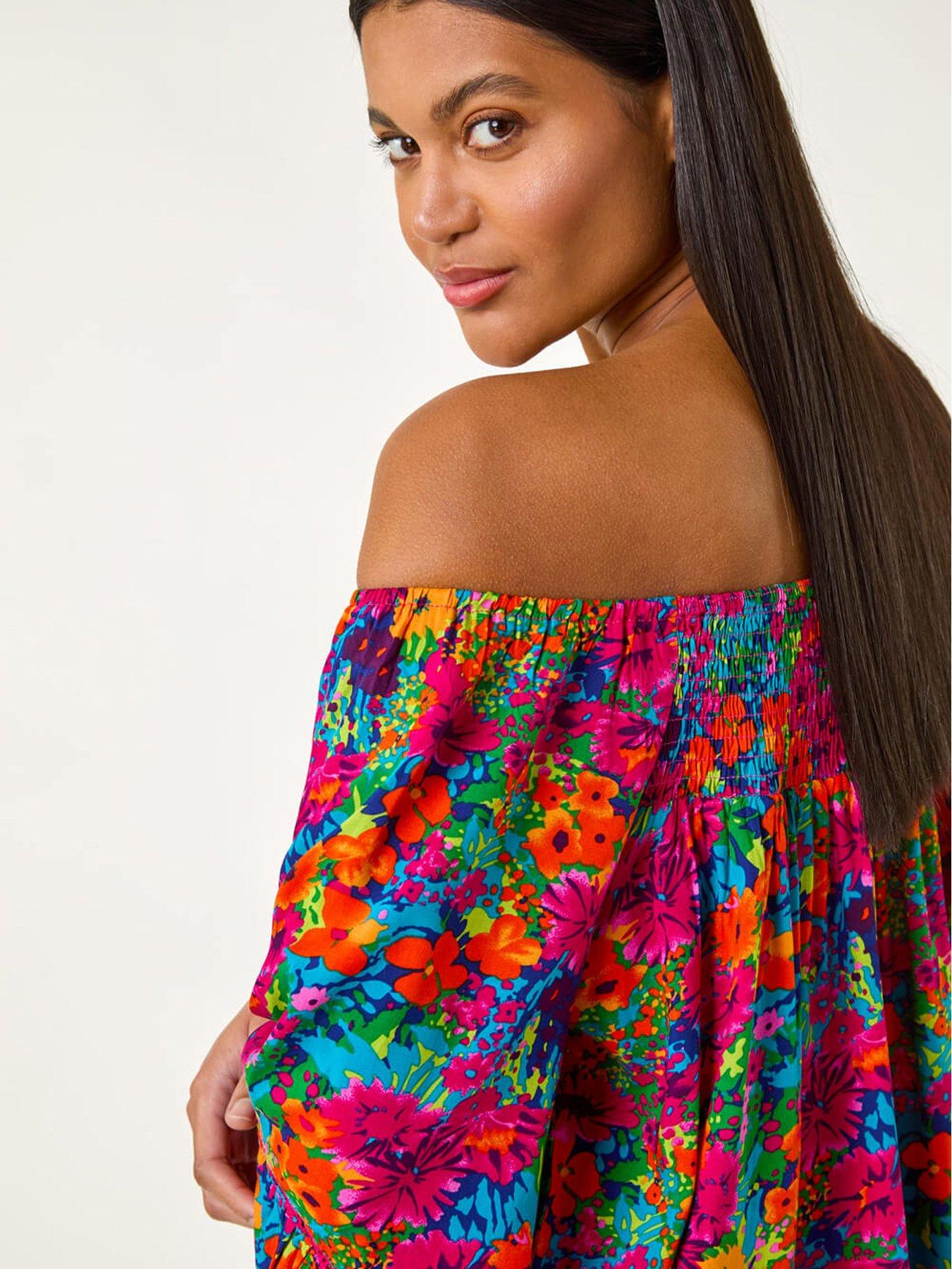 Roman Floral Print Bardot Top - Orange | Very